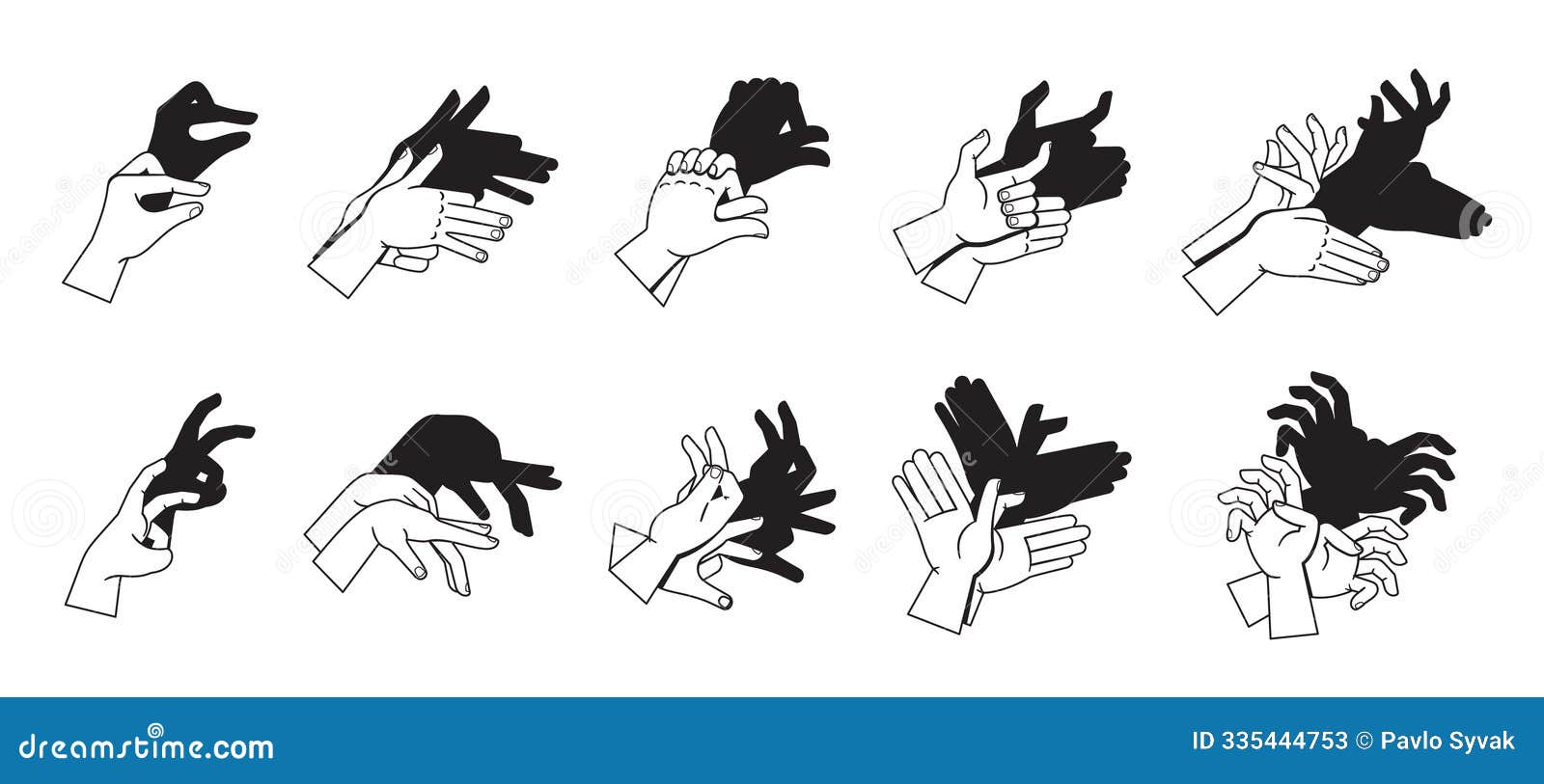 Hand-shadow Artwork Featuring Silhouettes Of Bird Vector Illustration ...