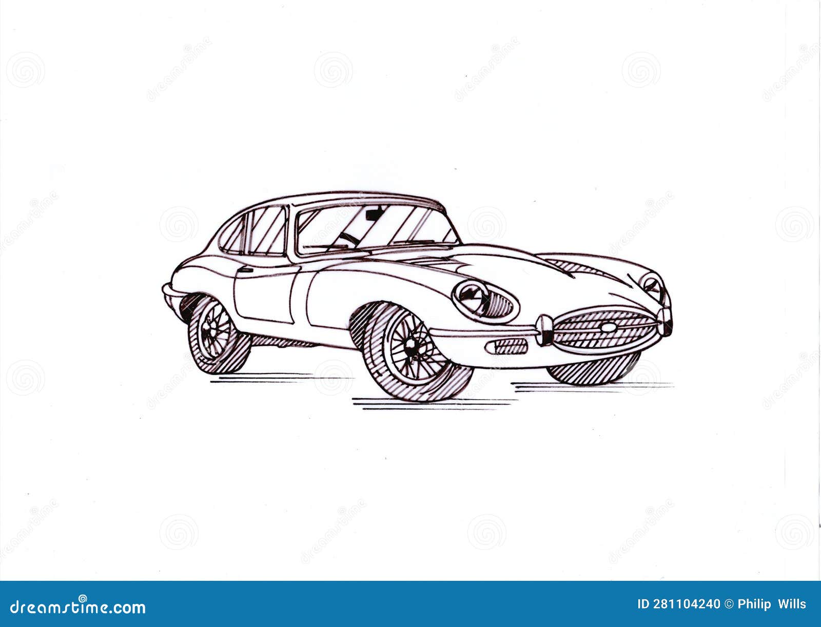 Black And White Illustration Of An E Type Jaguar Car Stock Illustration Illustration Of