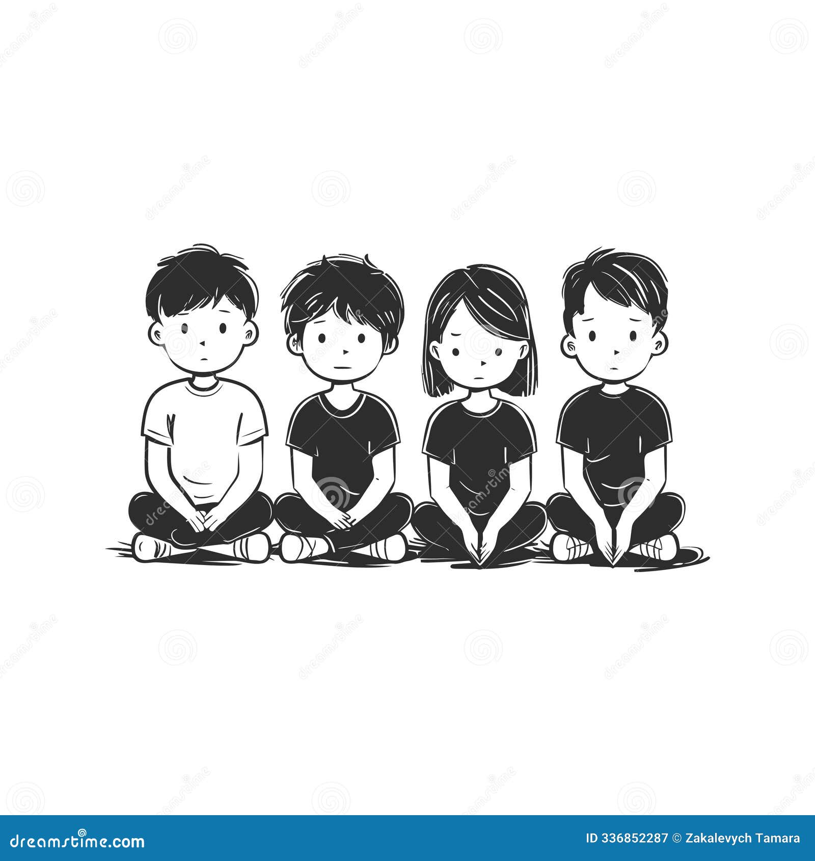 Black and White Illustration of Four Children Sitting. Vector ...