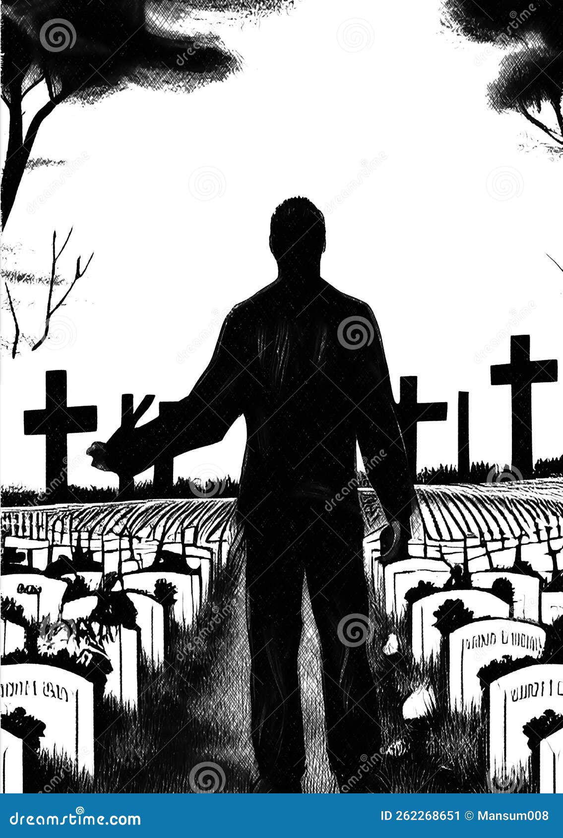 Black and White Illustration of a Man in Dead Land Stock Illustration ...