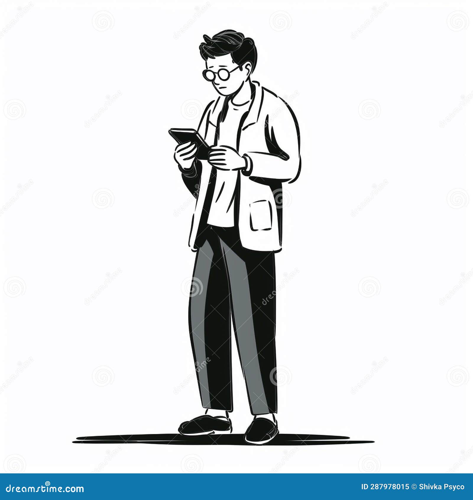 Black And White Illustration Of A Man Holding Smartphone Generative Ai