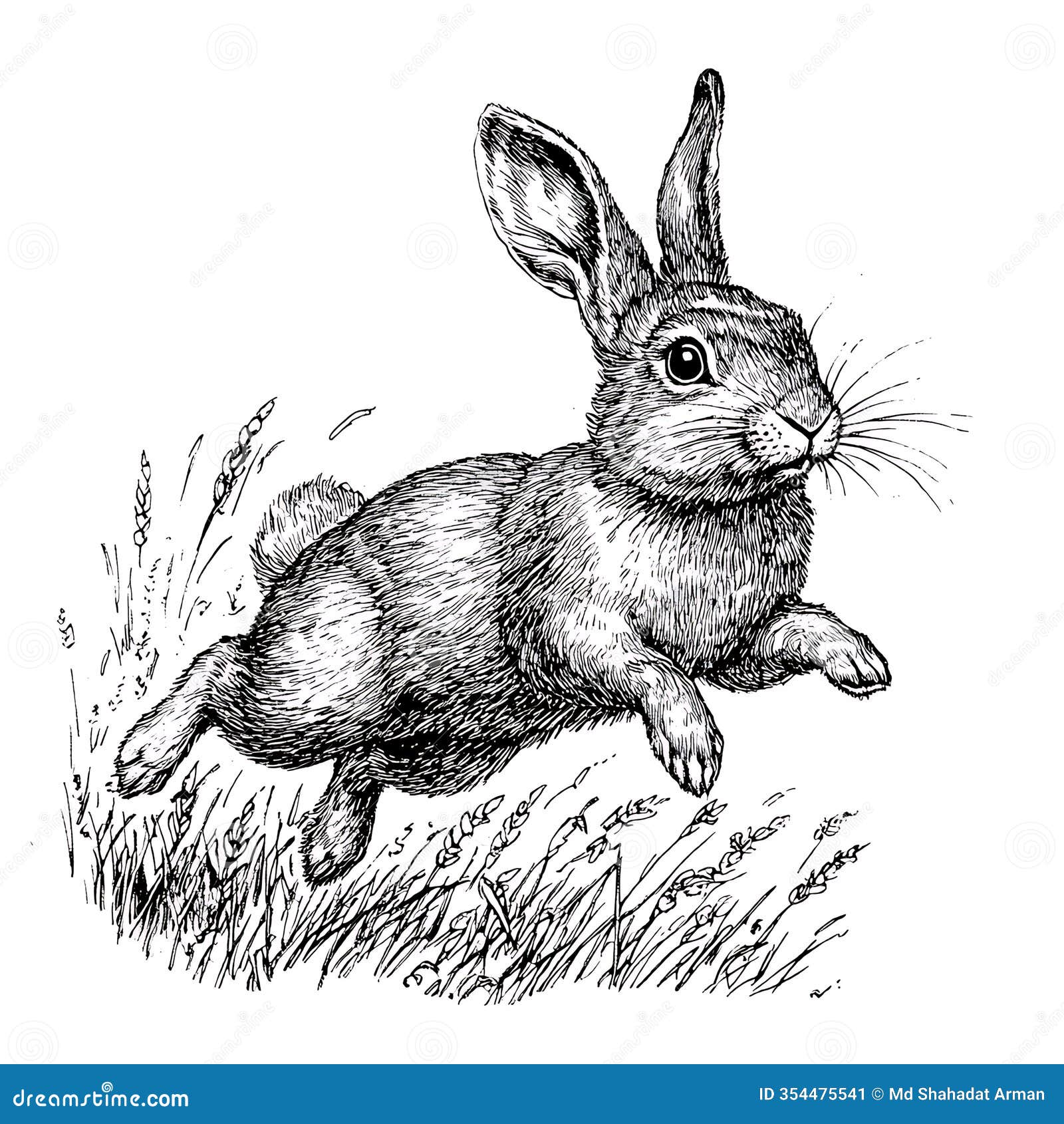 Black and White Illustration of a Rabbit Leaping through Grass Stock ...