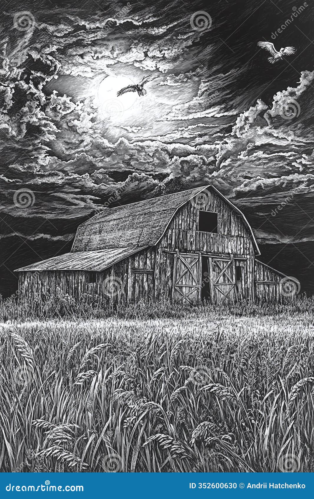 Black And White Illustration Of A Rustic Barn In A Field With ...