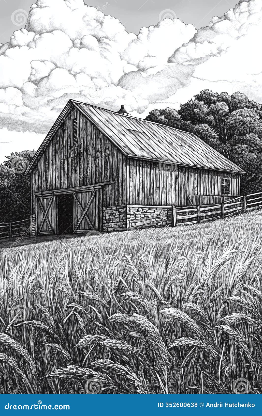Black and White Illustration of a Rustic Barn in a Field with ...