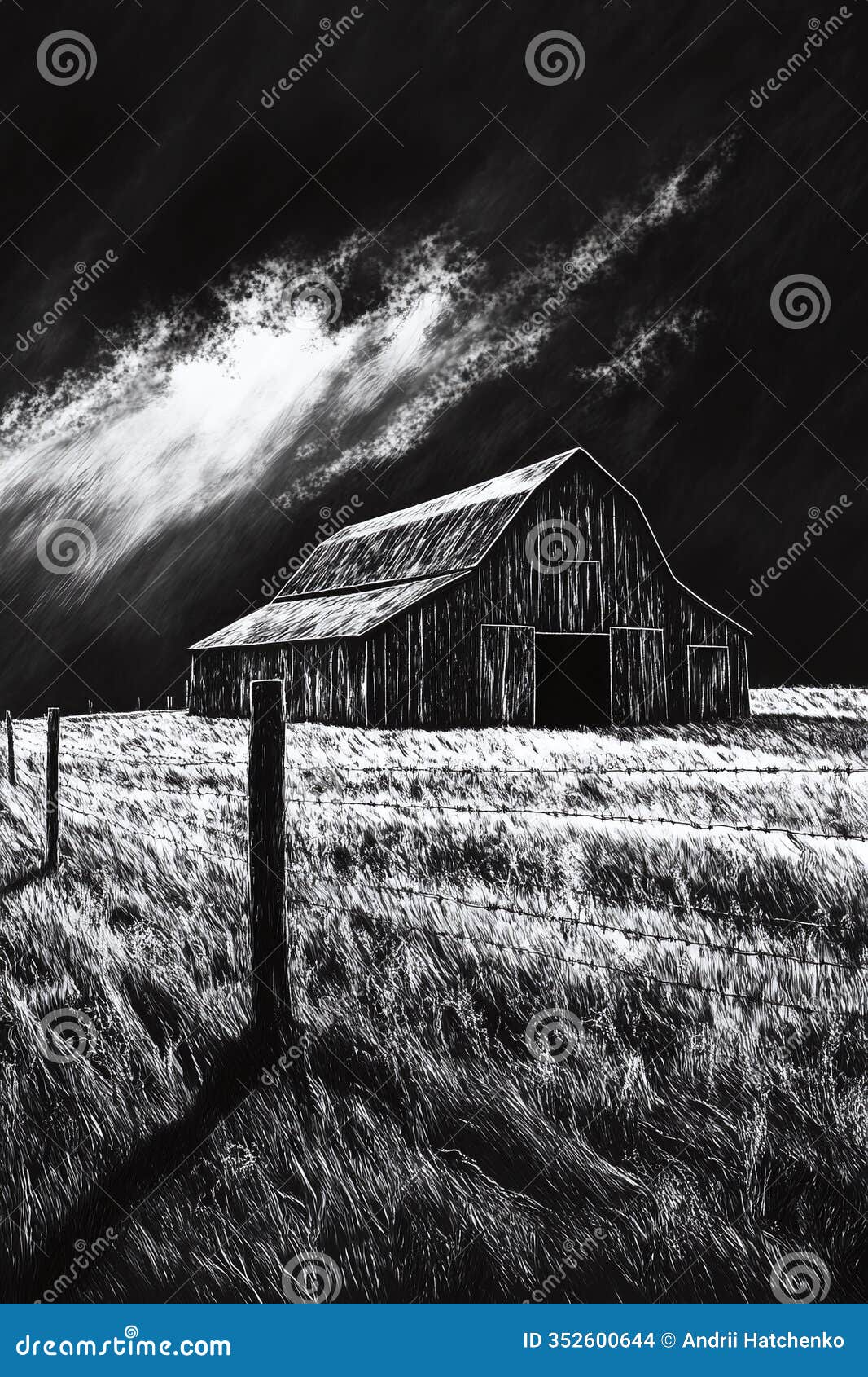 Black and White Illustration of a Rustic Barn in a Field with ...