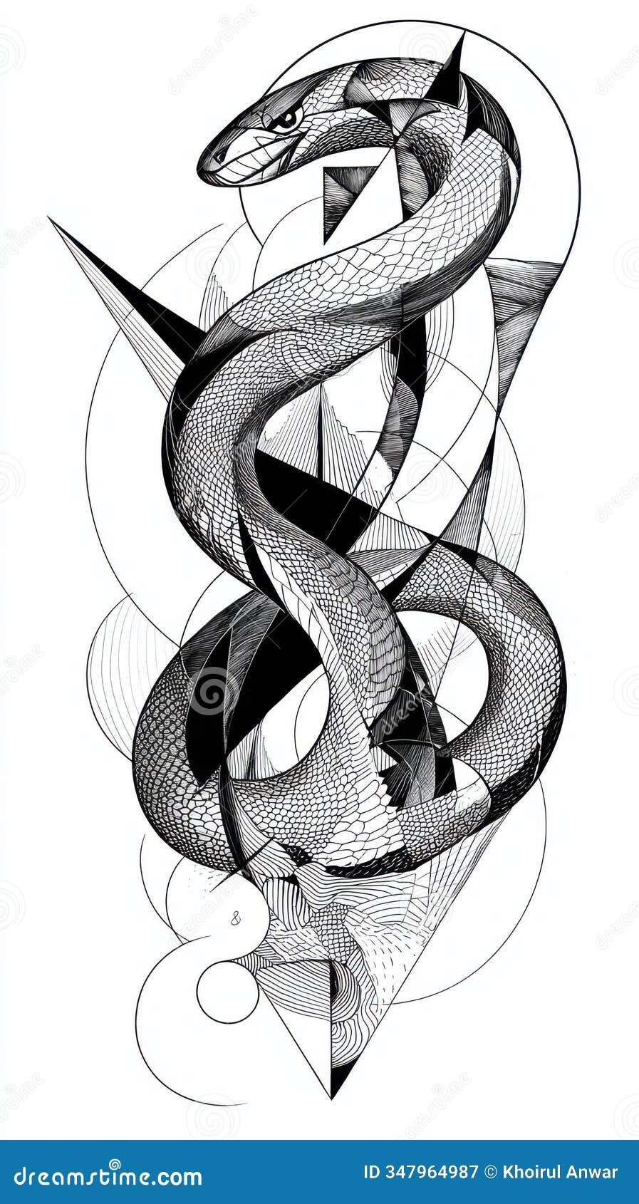 Black and White Illustration of a Snake with Geometric Patterns Stock ...