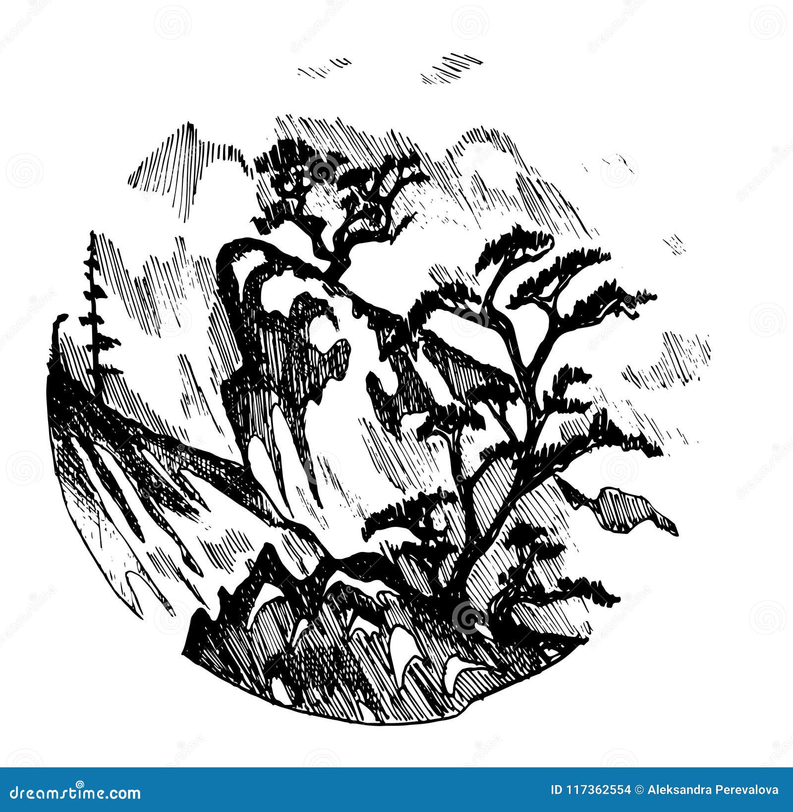 Black and White Illustration of the South Chinese Mountains. Hand Drawn ...