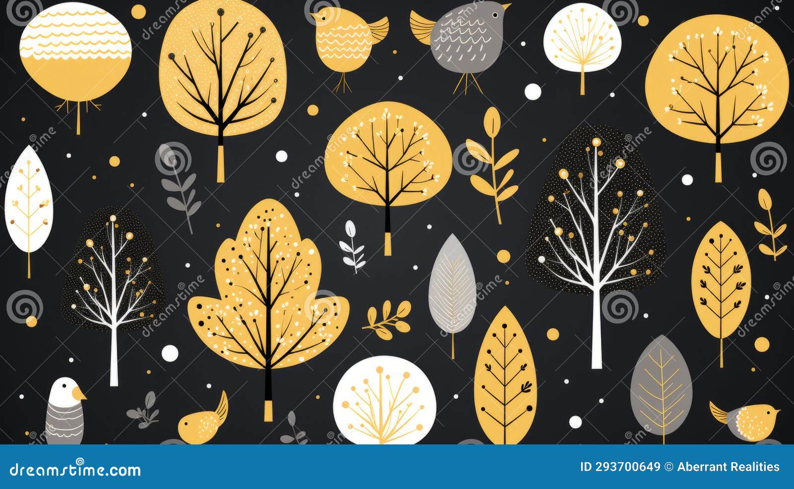 A Black and White Illustration of Trees and Birds Stock Illustration ...