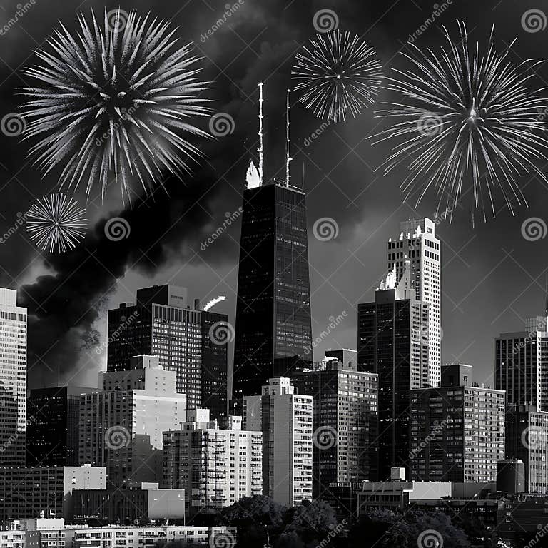 Chicago Skyline Fireworks Nighttime Cityscape Celebration Stock Illustration - Illustration of ...