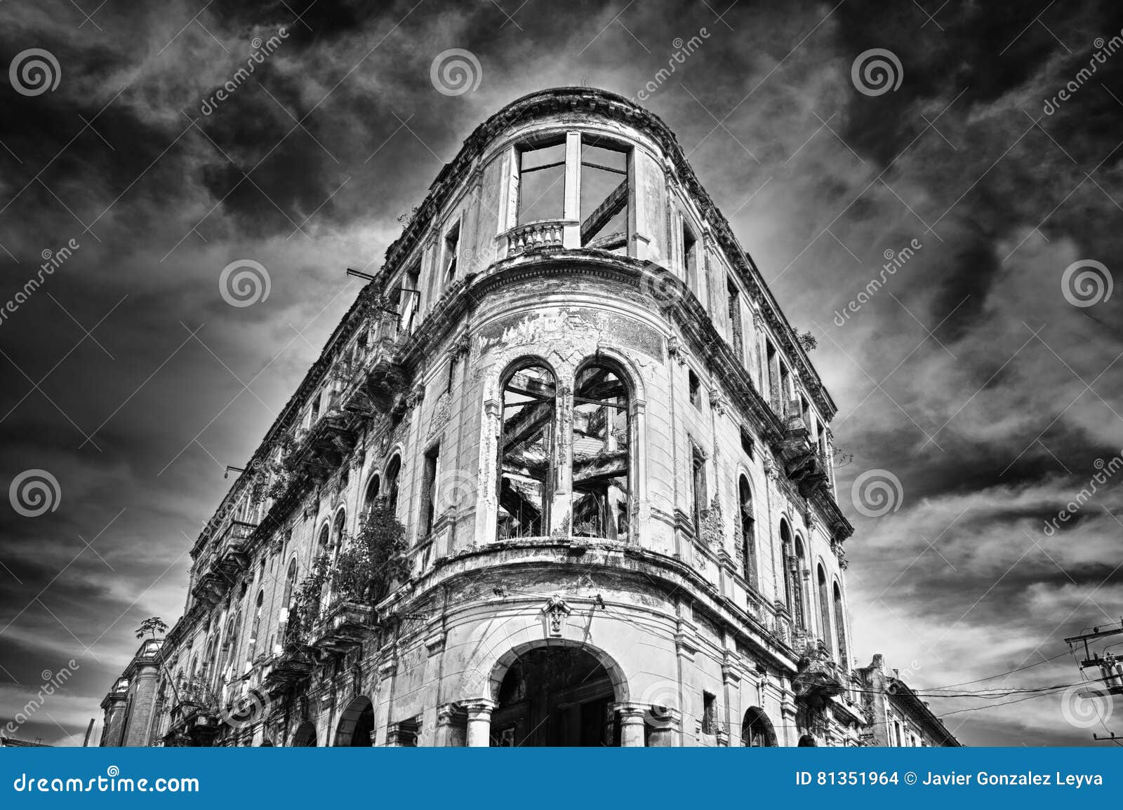 Black and White Image of Crumbling Old Building Facade with Dram Stock ...