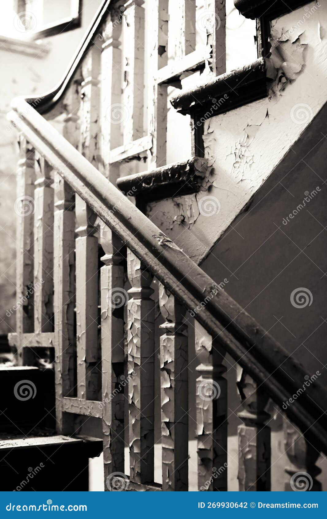 Black and White Image of Destroyed Staircase Railing Stock Photo ...