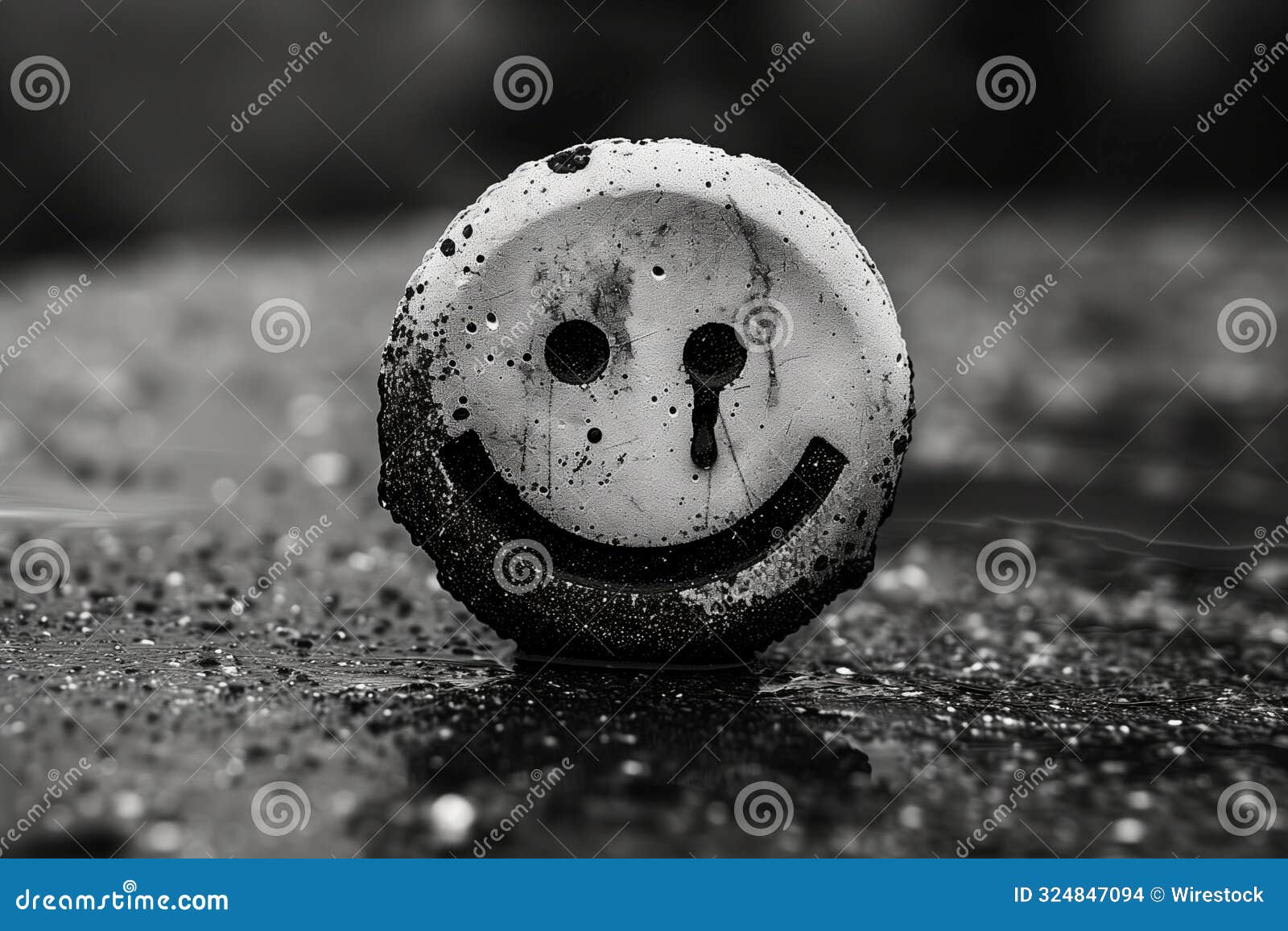A Black and White Image of a Dirty Smiley Face Ball on a Wet Surface ...