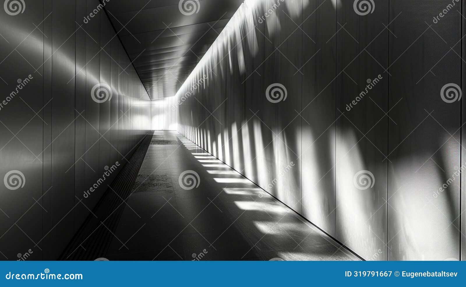 Black and White Image of Perspective View of Long Hallway with Light ...