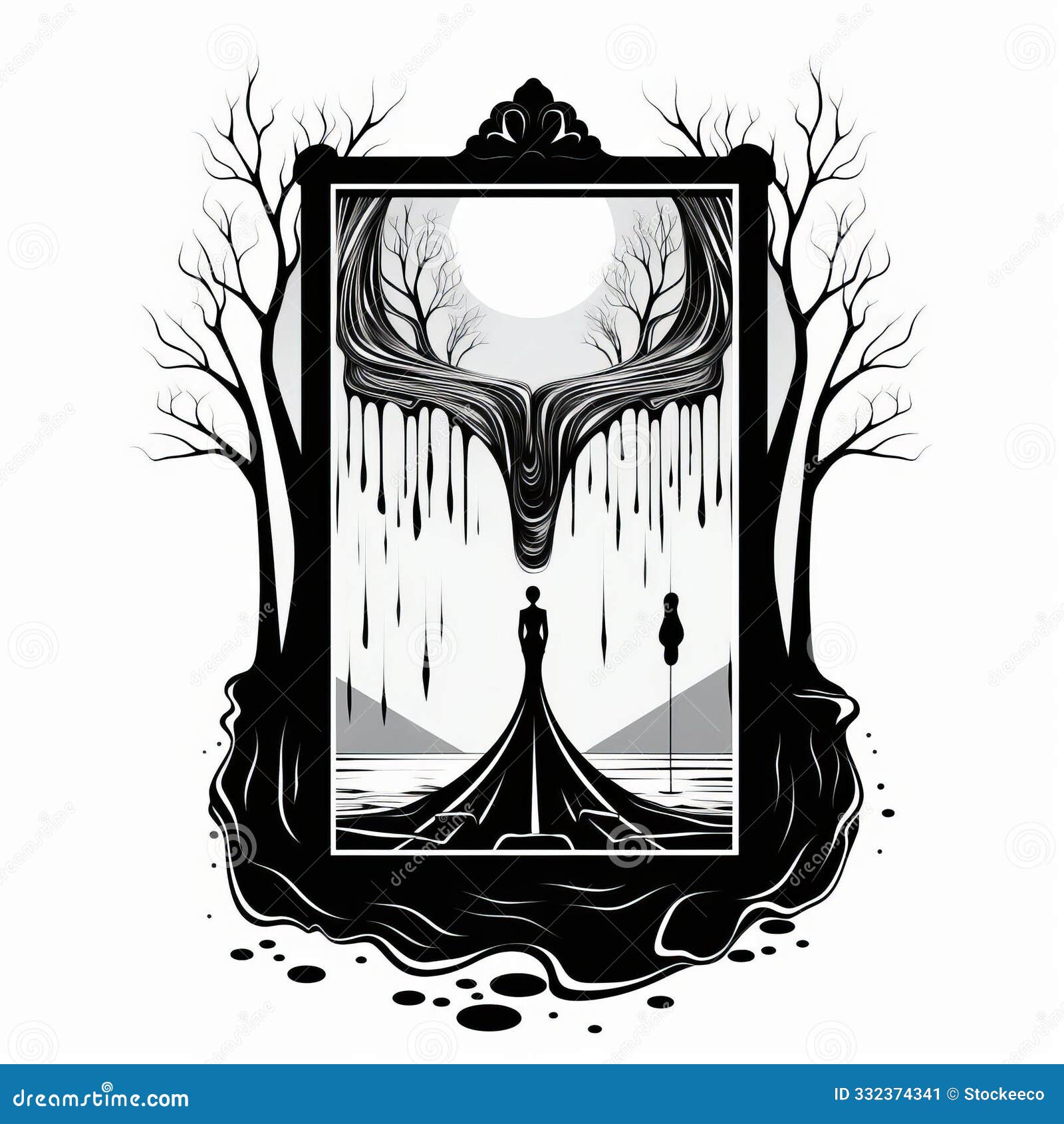 Surrealist Mirror: Dark and Elegant Illustration of a Woman Dragging a ...