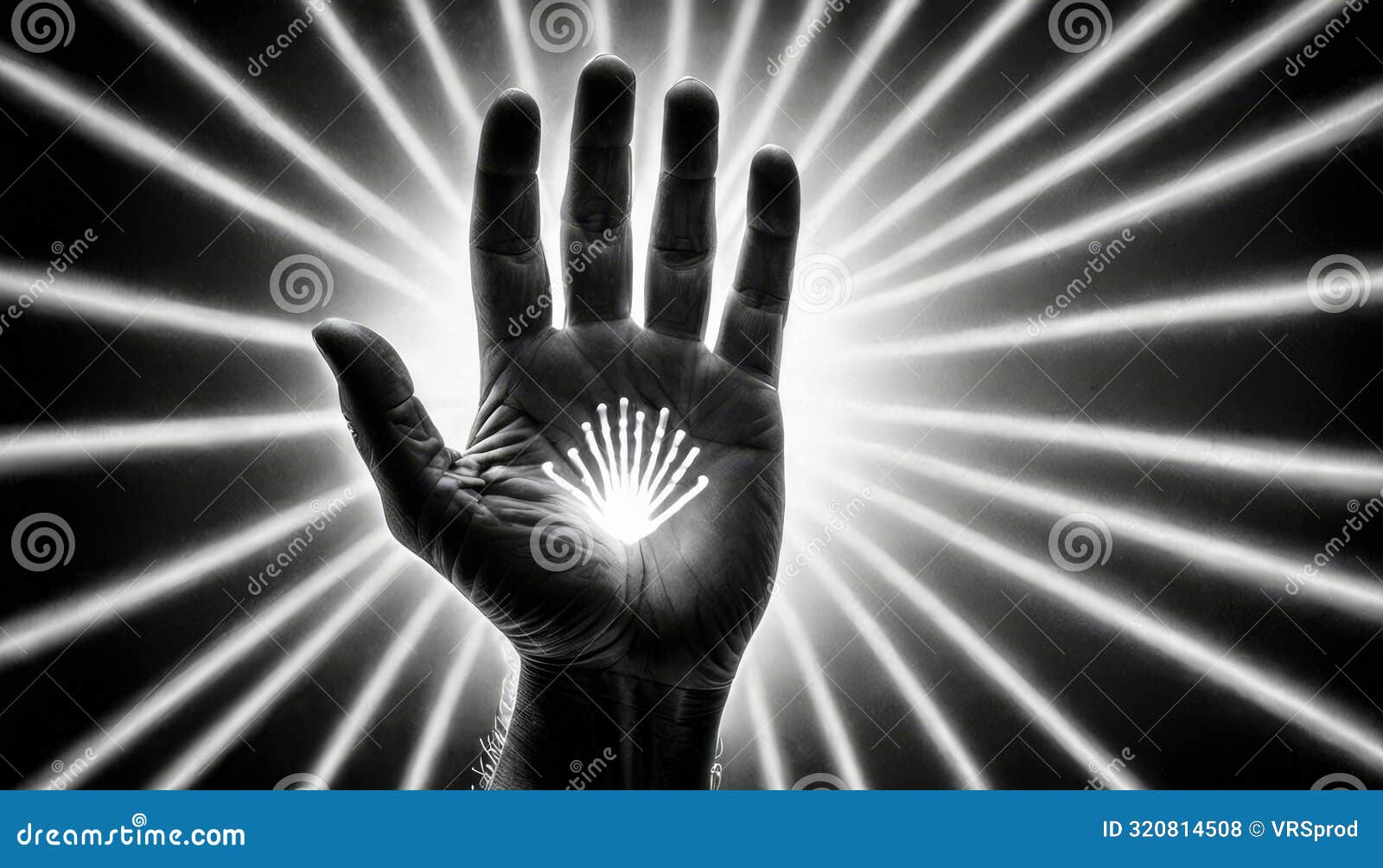 Hand with Radiant Light Rays Emanating from Palm Stock Photo - Image of ...