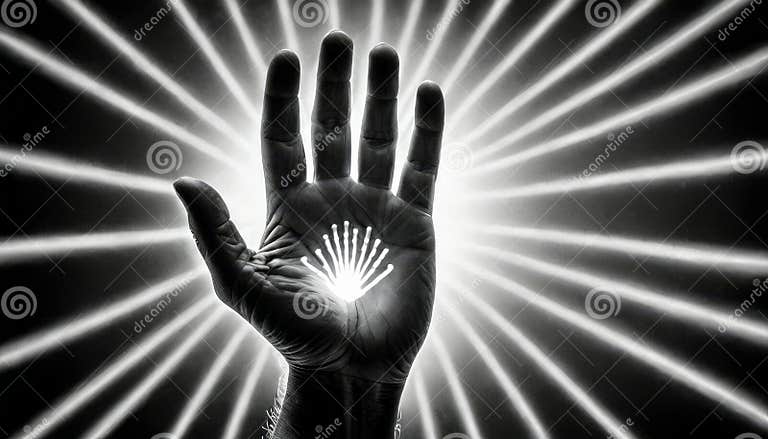 Hand with Radiant Light Rays Emanating from Palm Stock Photo - Image of ...