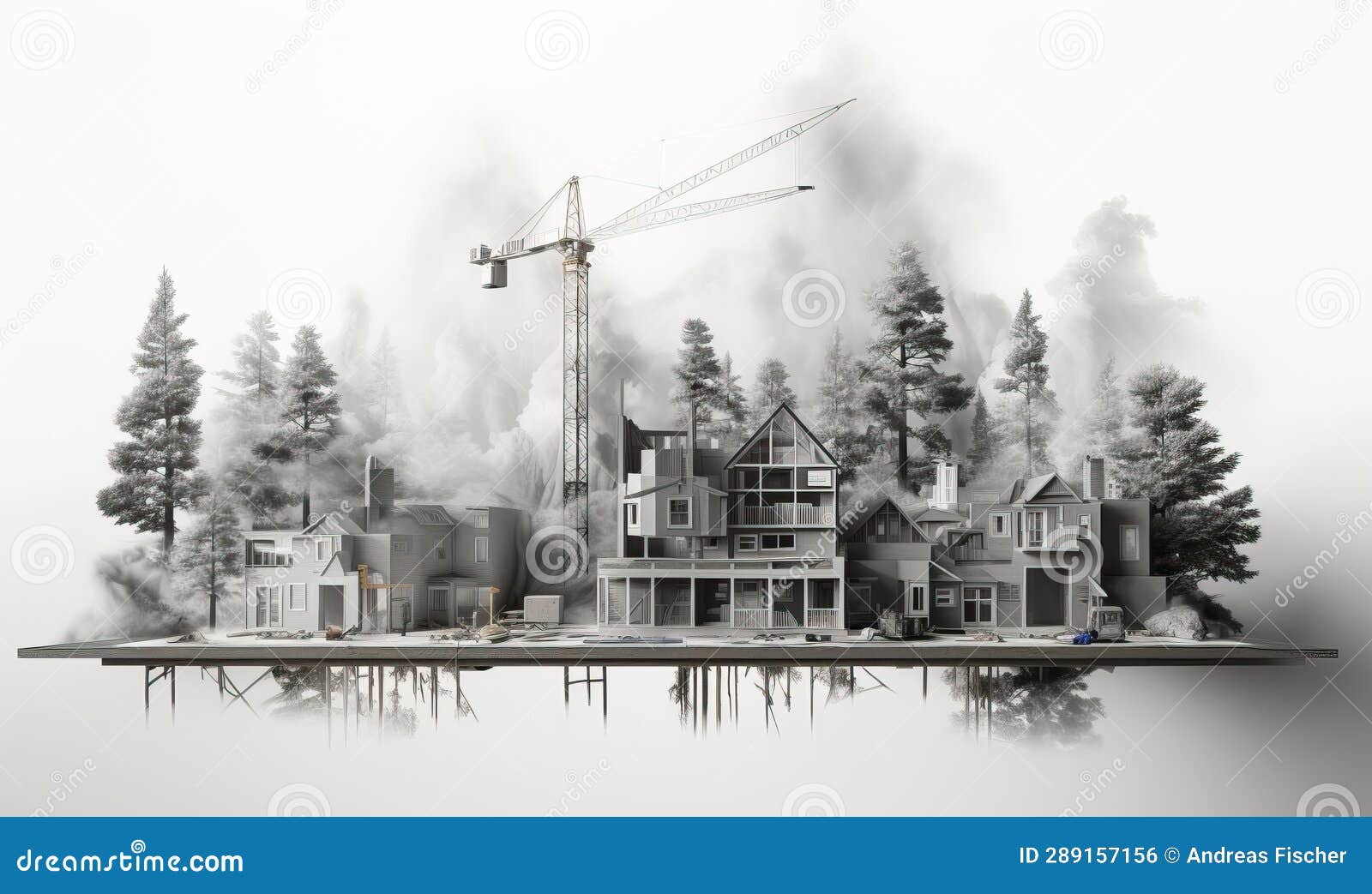 Black and White Image of a House Under Construction. Stock Illustration ...