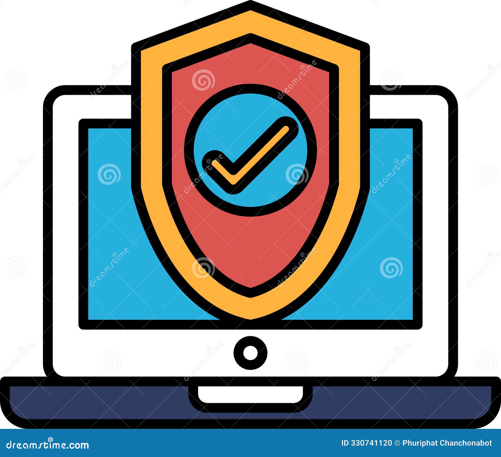 A Black and White Image of a Laptop with a Shield on it Stock ...