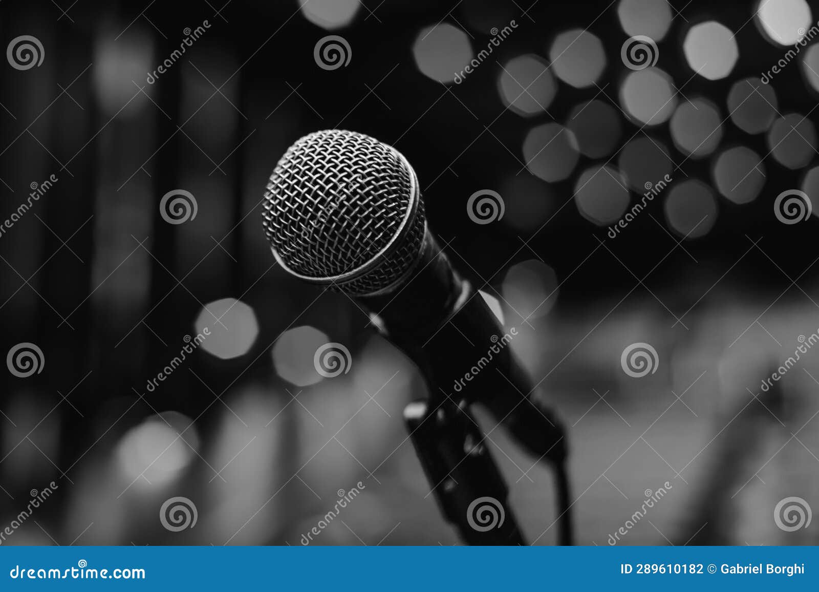 Microphone On Theater Or Karaoke Stage, Golden Luminous Star On ...
