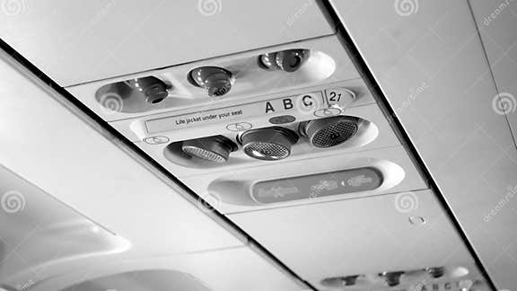 Black and White Image of Passenger Control Panel on the Ceiling of Jet ...