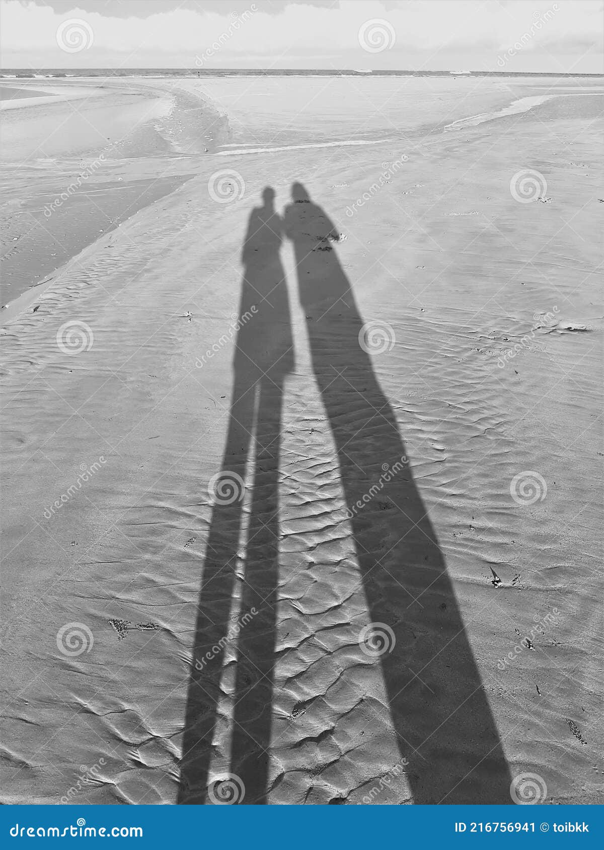 Black and White Image of Two Long Shadows of People on the Beach Stock ...