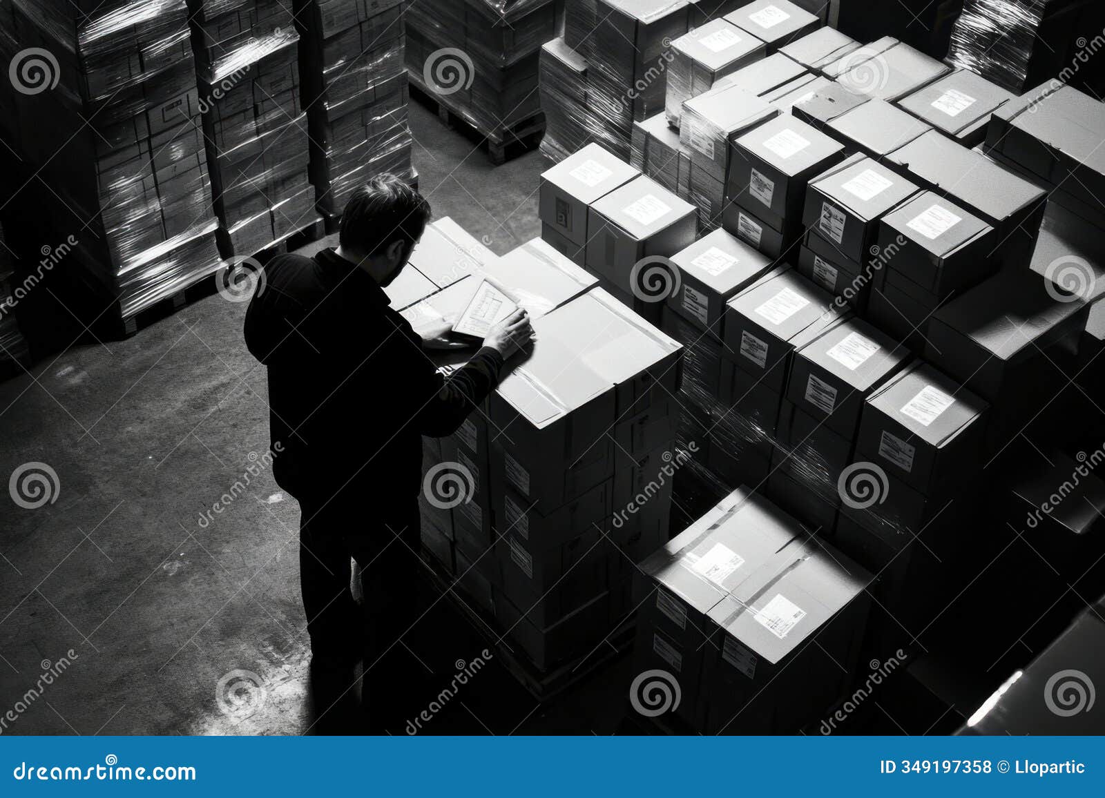 Black and White Image of Warehouse Worker Using Barcode Reader To Scan ...