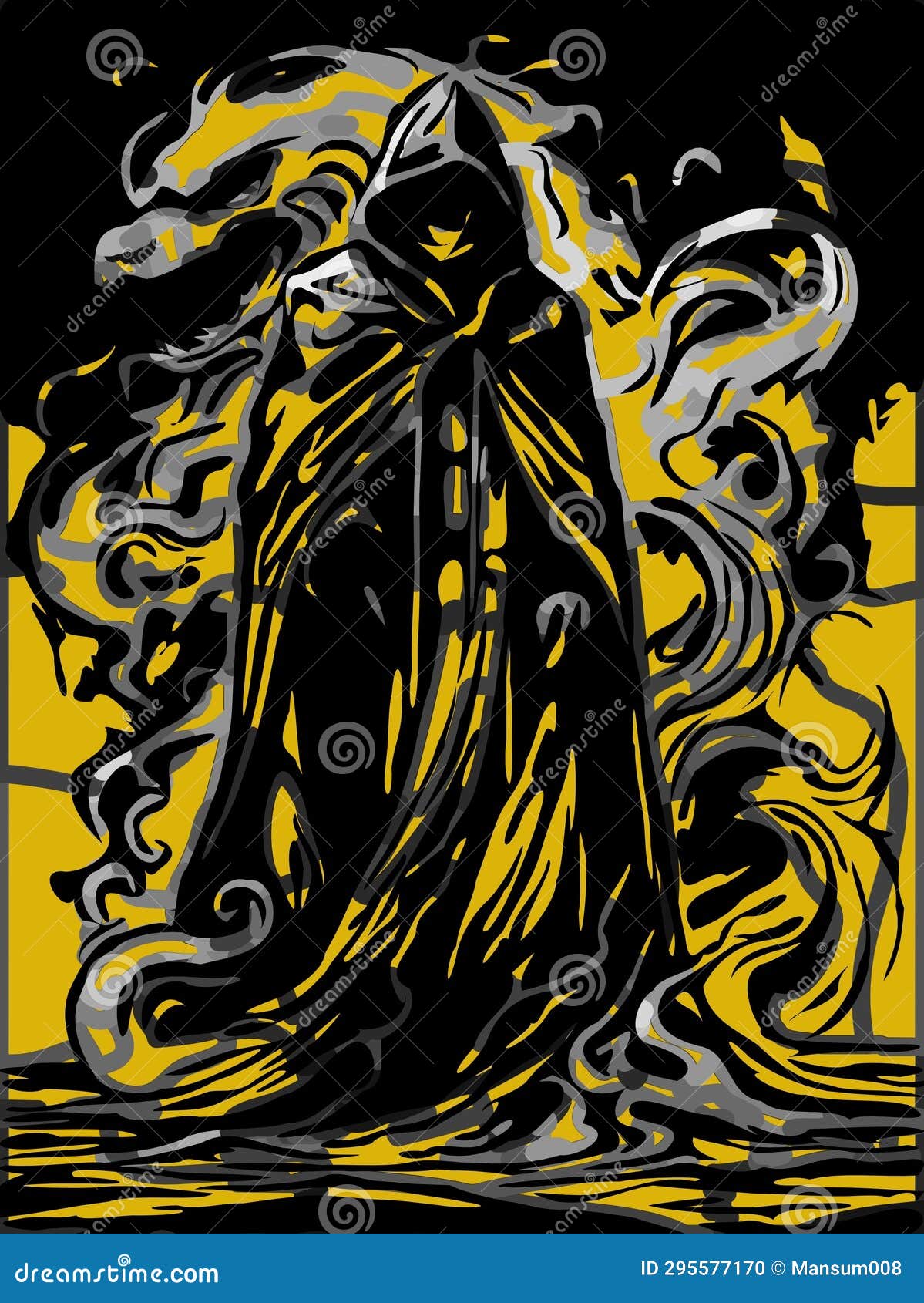 A Black and White Image of a Witch in the Form of a Skull and a Black ...