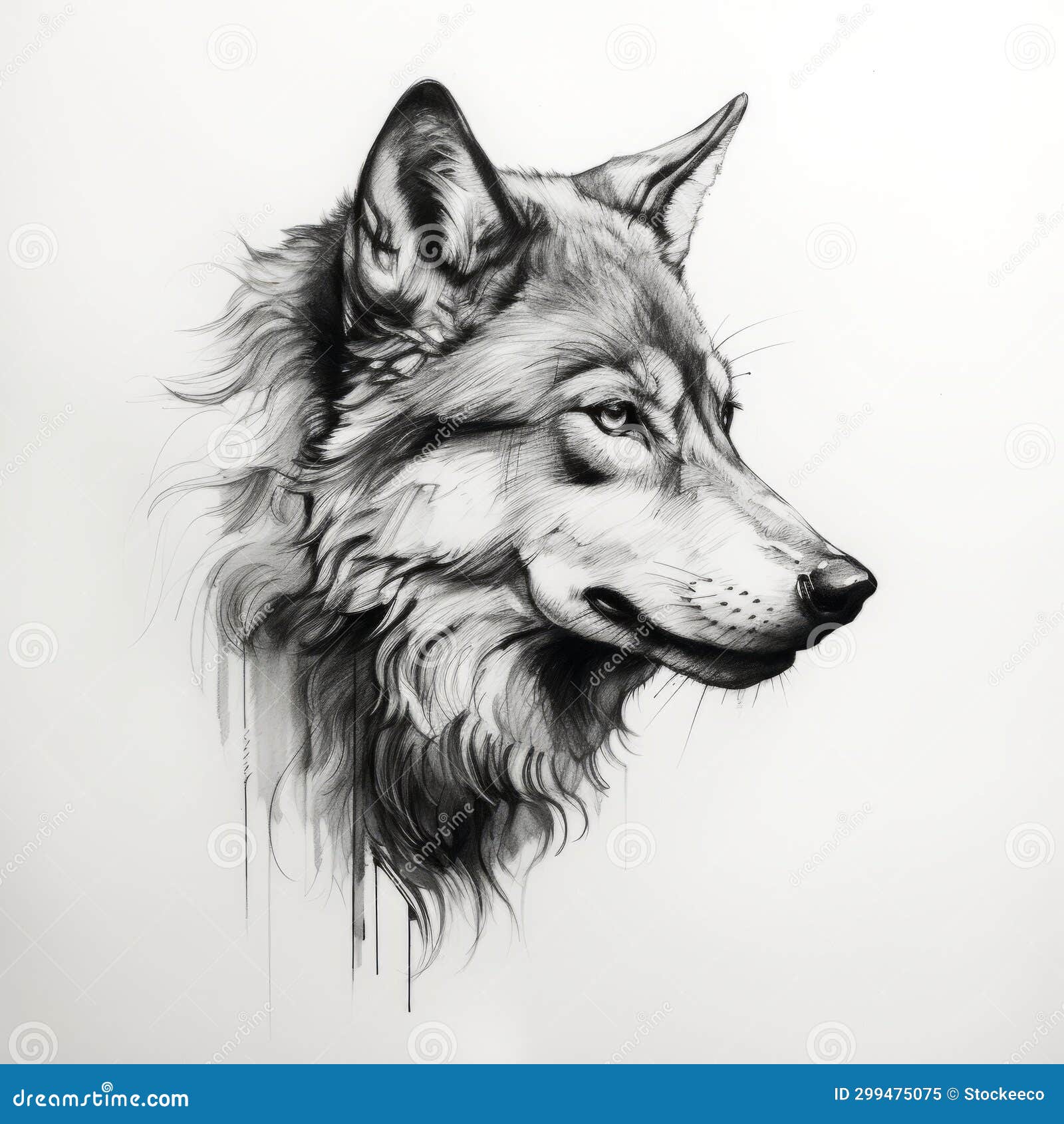 Hyperrealistic Ink Drawing of a Wolf Head with Stark Contrast and ...