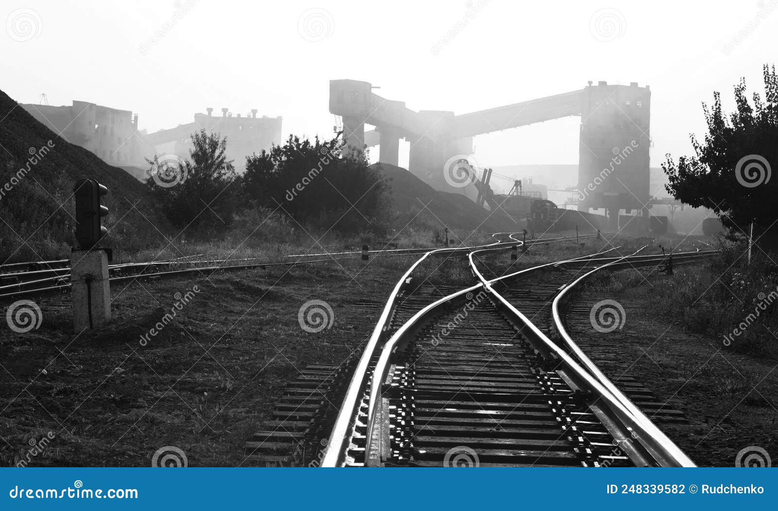 Black and White Industrial Landscape with Railway Rails Stock Photo ...