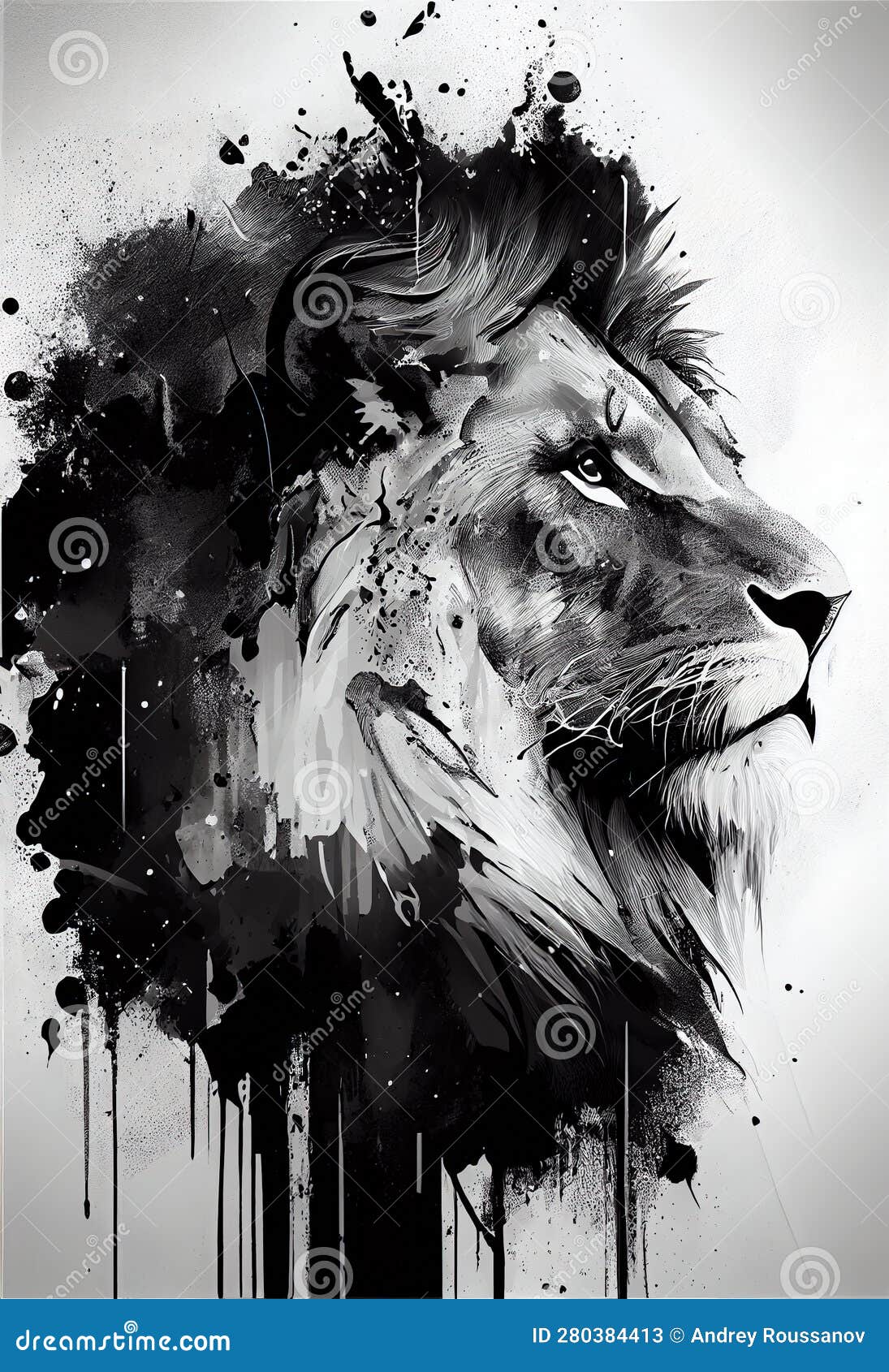 Black and White Ink Lion Print. AI Render. Stock Illustration ...