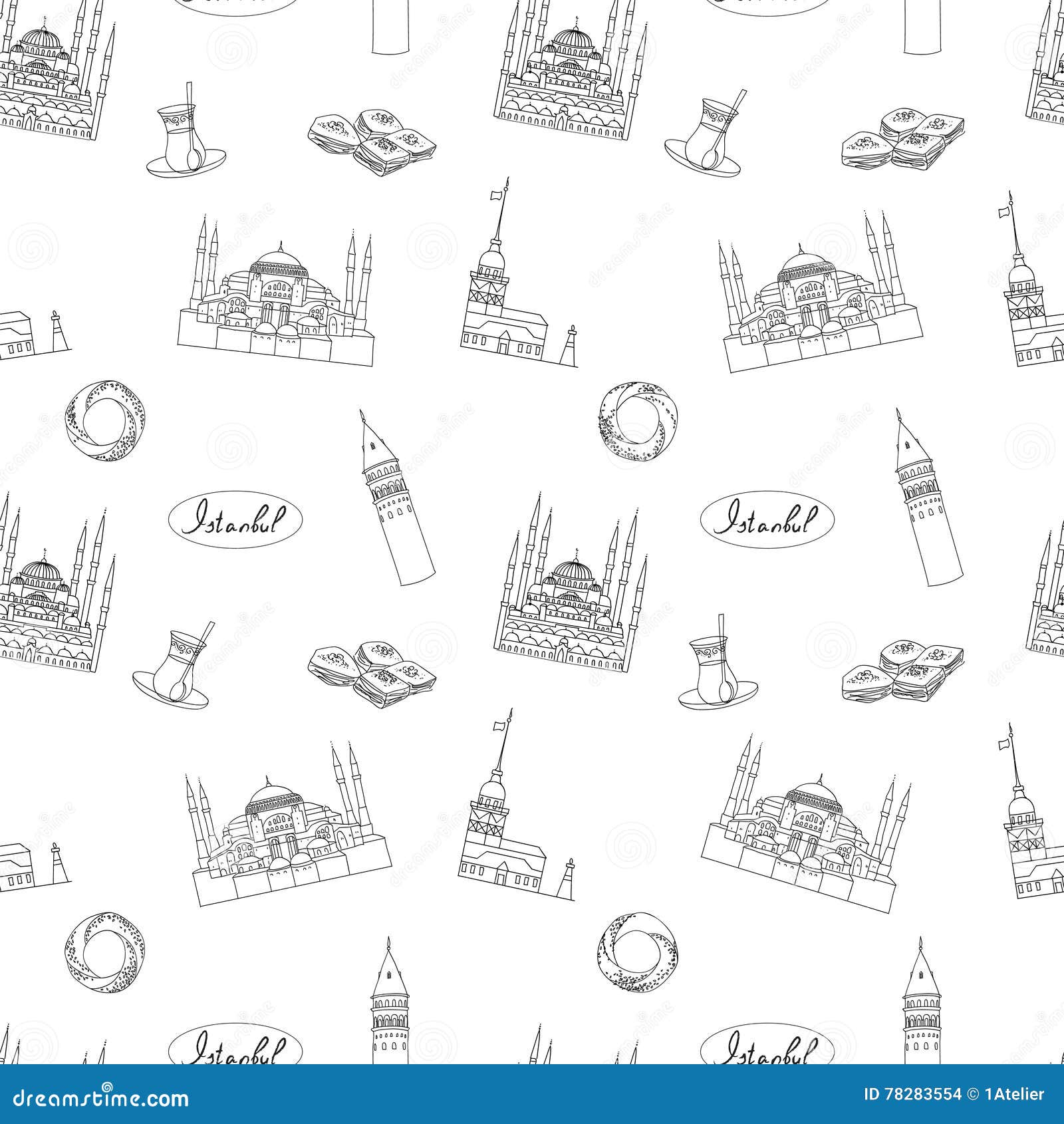 Black and White Istanbul Tourist Vector Textile Print Seamless Pattern ...