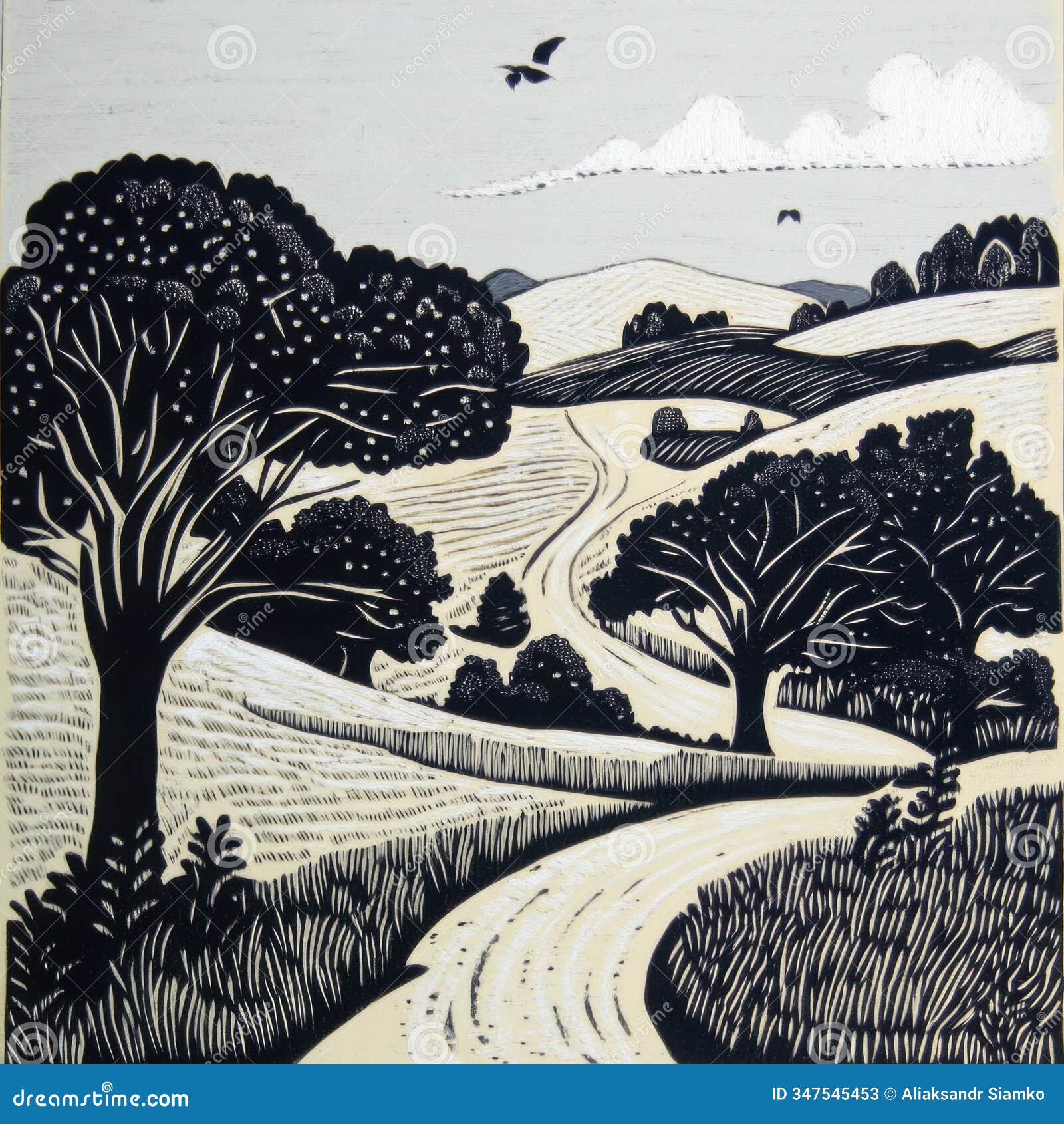 Black and White Landscape Featuring Trees and Winding Pathway Stock ...