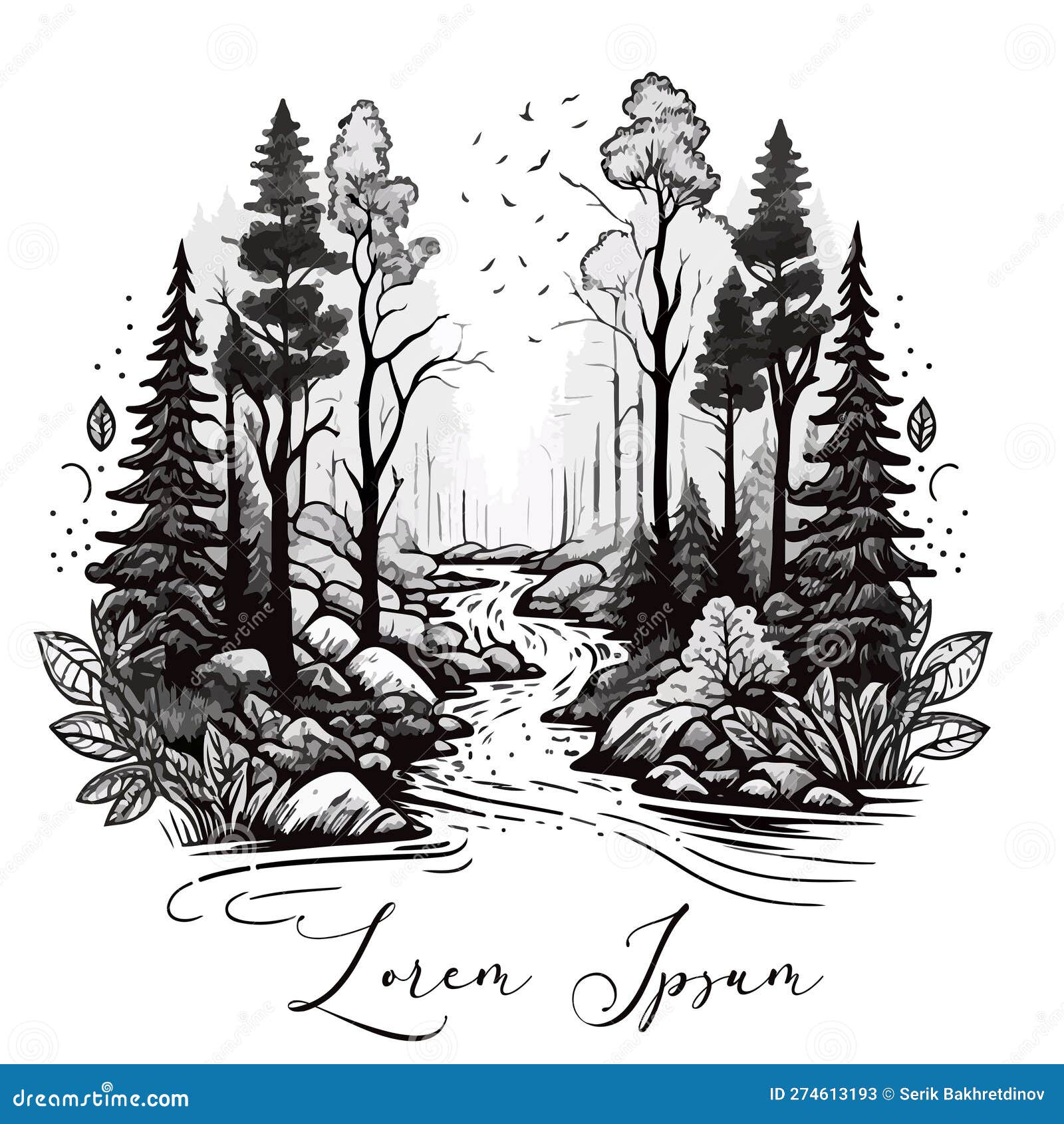 Black and White Landscape with Trees and Stream and Text. for Your ...