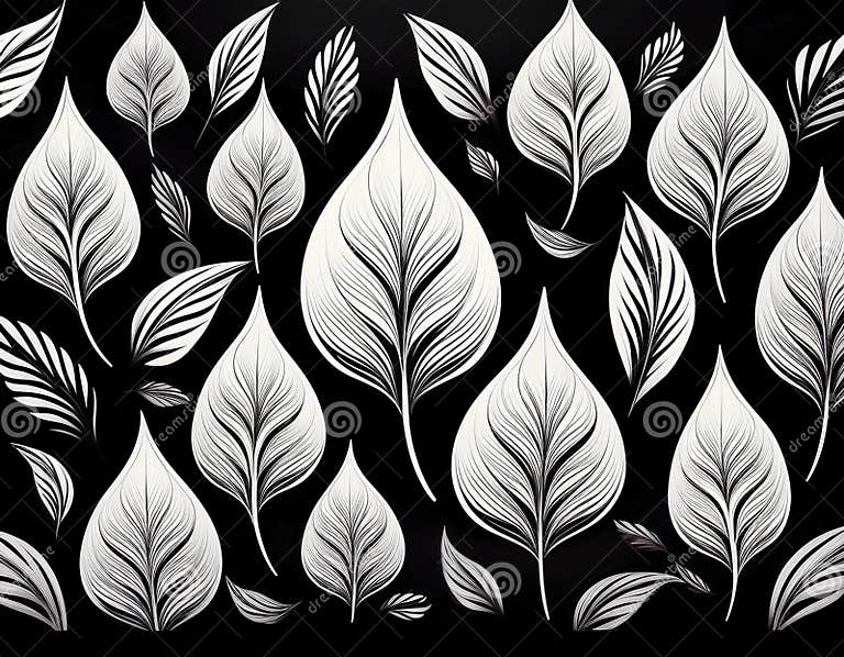 Black and White Leaf Pattern Simple White Leaf Silhouettes on Black ...