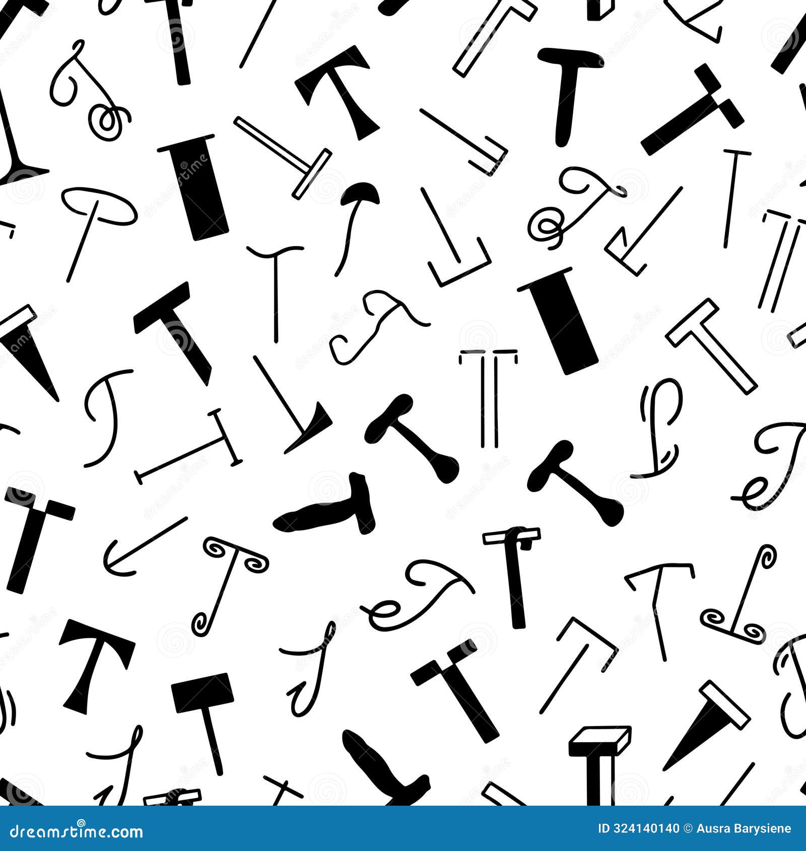 Black and White Letter T Seamless Pattern, Simple Hand Drawn Letters ...