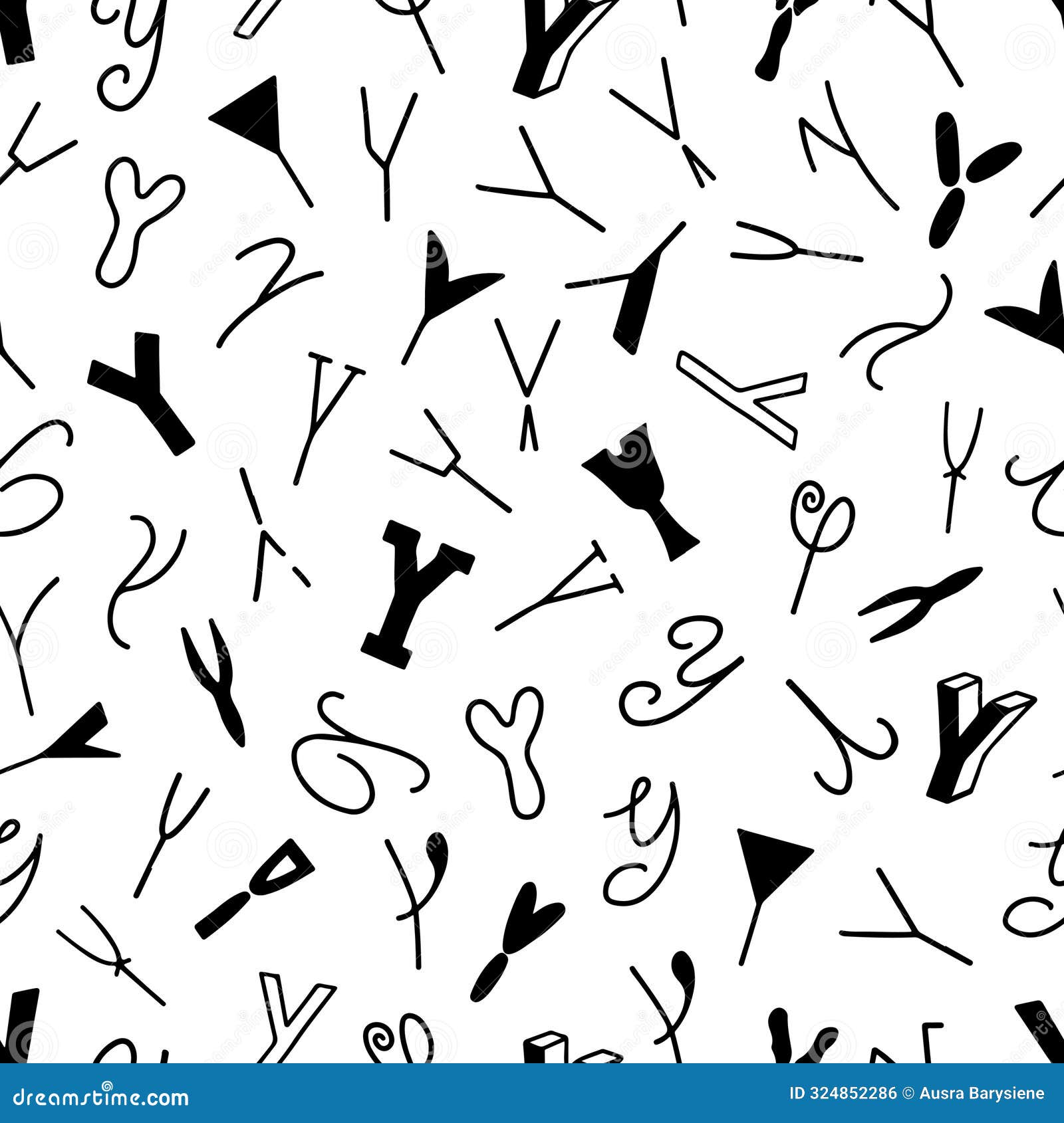 Black and White Letter Y Seamless Pattern, Simple Hand Drawn Letters ...