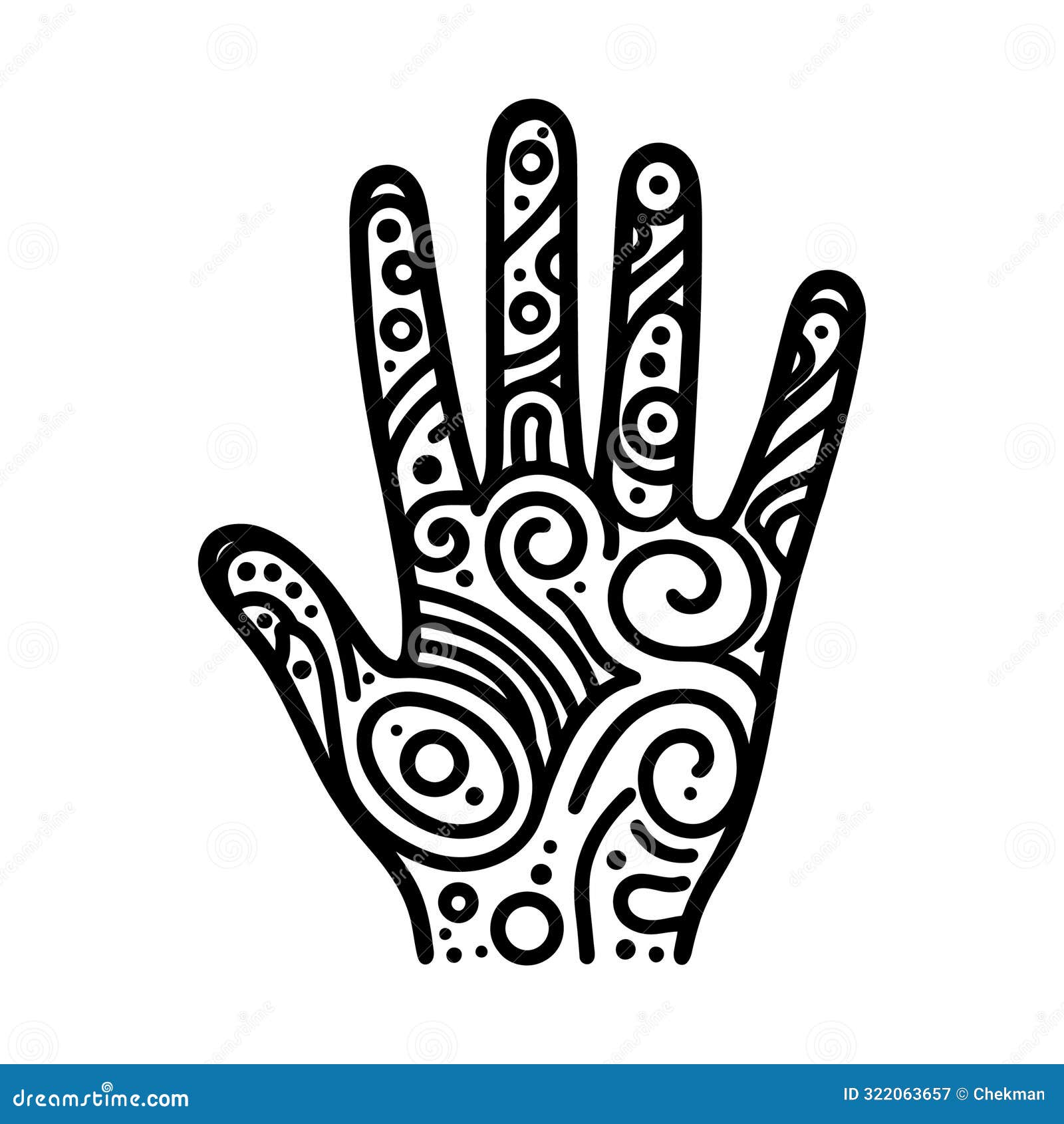 Black and White Line Art Illustration of an Open Hand with Abstract ...