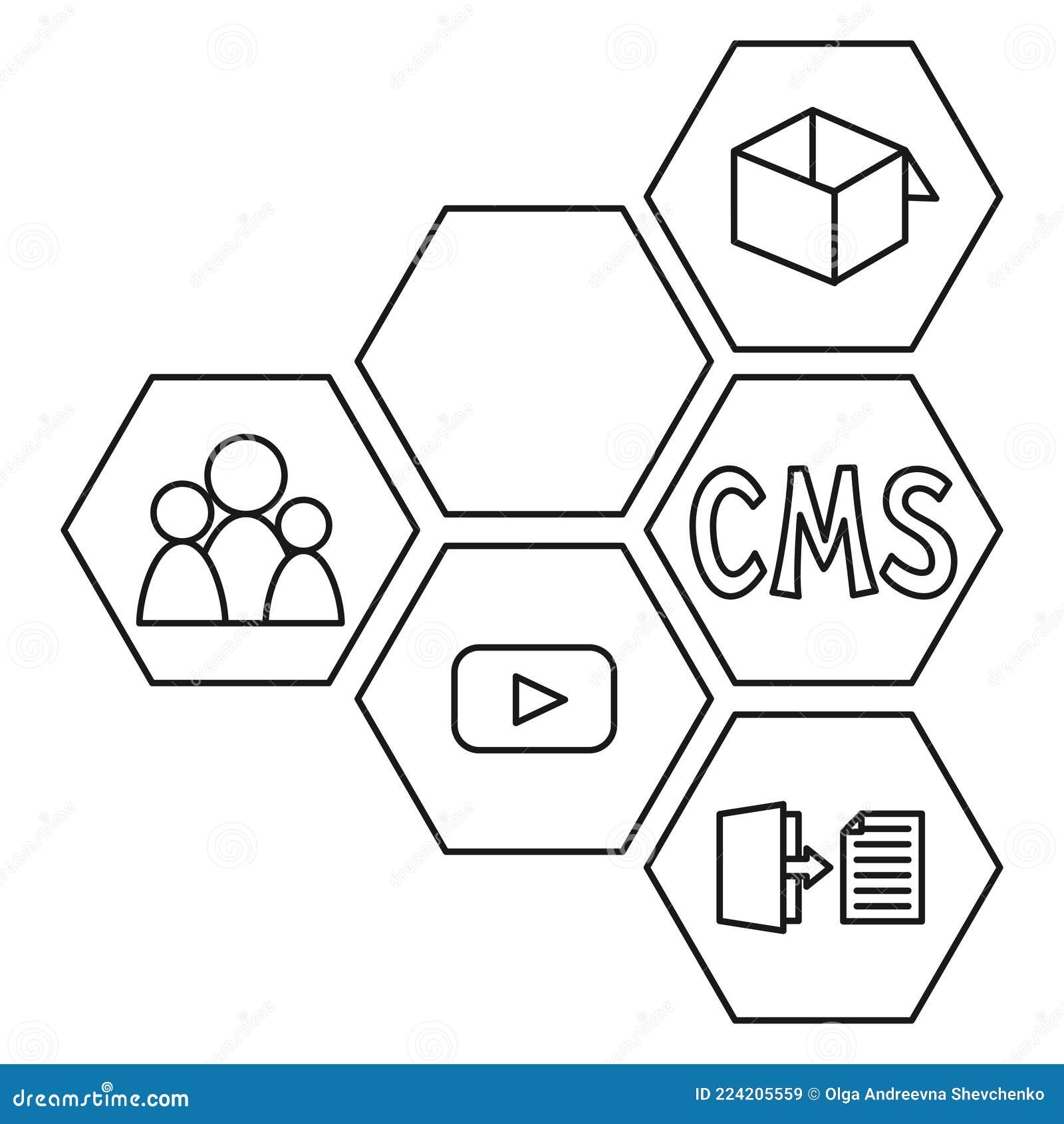 Black and White Line Art Pattern of Cms Elements. Hexagon Arrow Point ...
