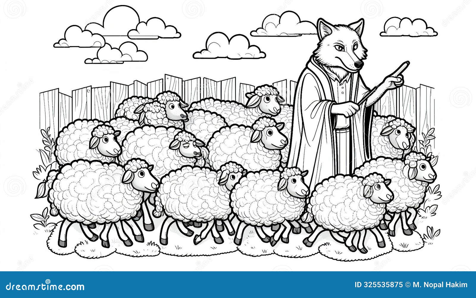 Black and White Line Illustration of a Wolf among a Group of Sheep ...