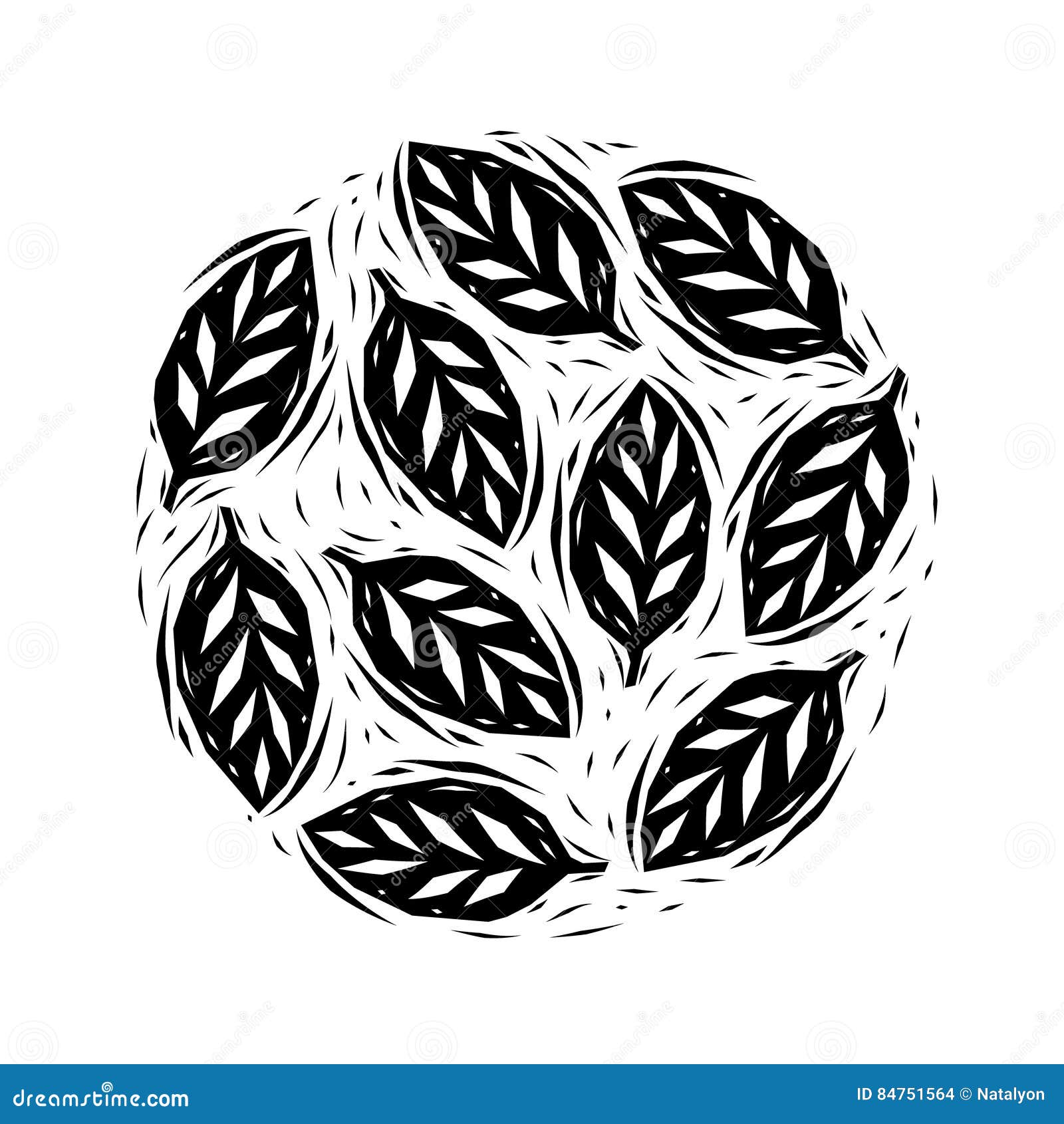 Black And White Linocut Leaves Circle, Vector | CartoonDealer.com #84751564