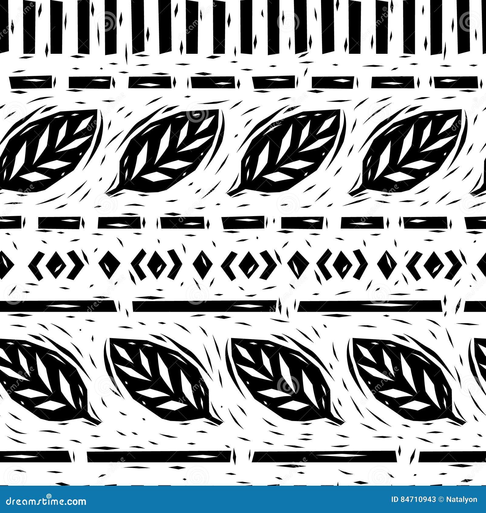 Black and White Linocut Leaves Geometric Borders Seamless Pattern ...