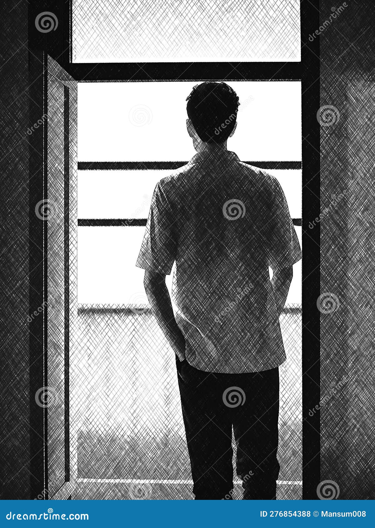 Black and White of Man Near the Window Stock Illustration ...