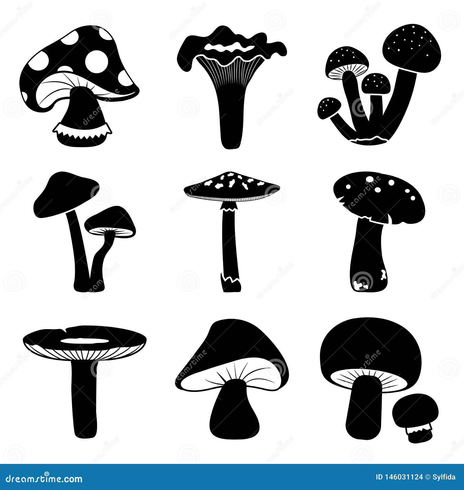 Black and White Mushrooms Set. Different Mushrooms Stock Illustration ... Black and White Mushrooms Set. Different Mushrooms Stock Illustration ...
