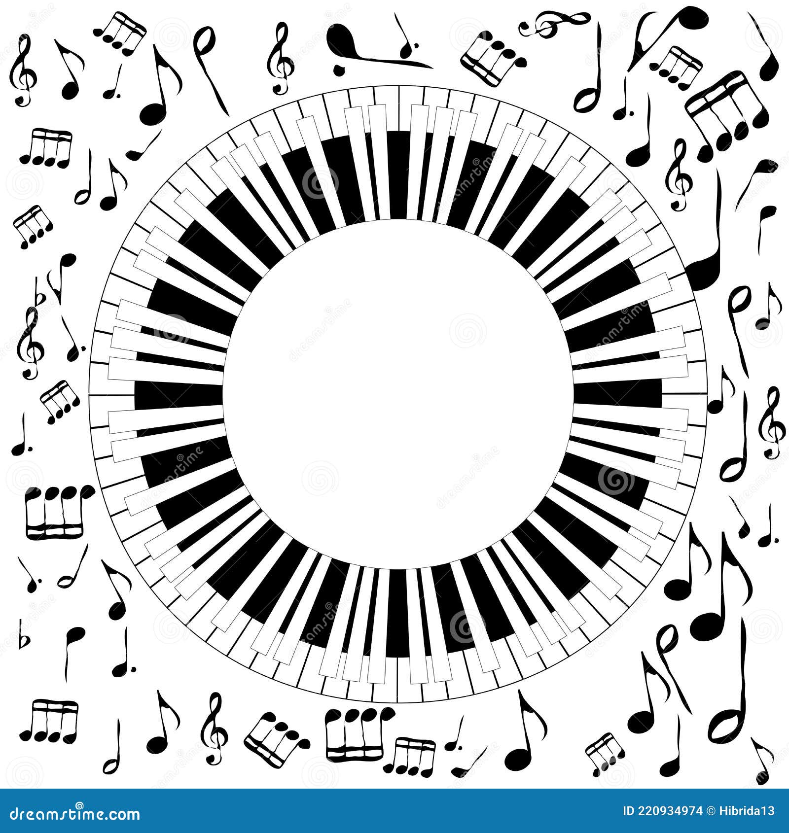 Black and White Musical Concept with Round Piano and Musical Notes ...
