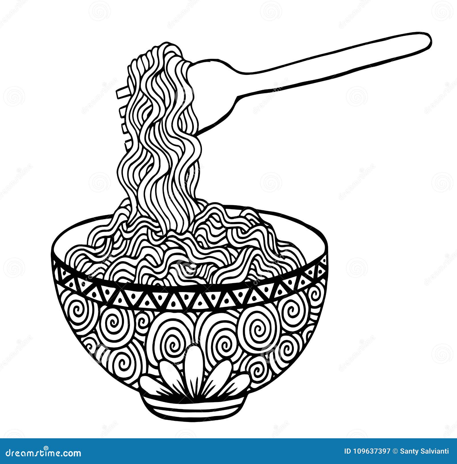 Black and White Noodle at Bowl and Fork, Illustration, Hand Drawing ...