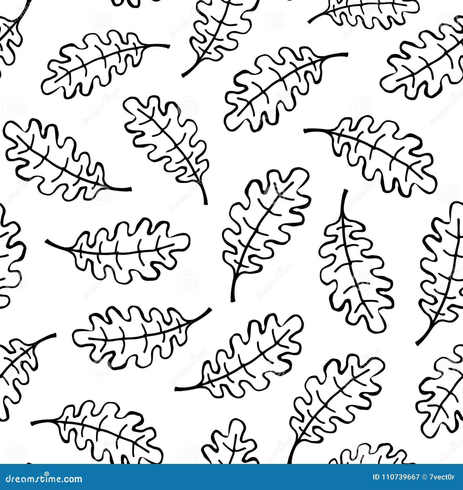Black and White Oak Tree Leaf Outlined Seamless Pattern Stock Vector ...
