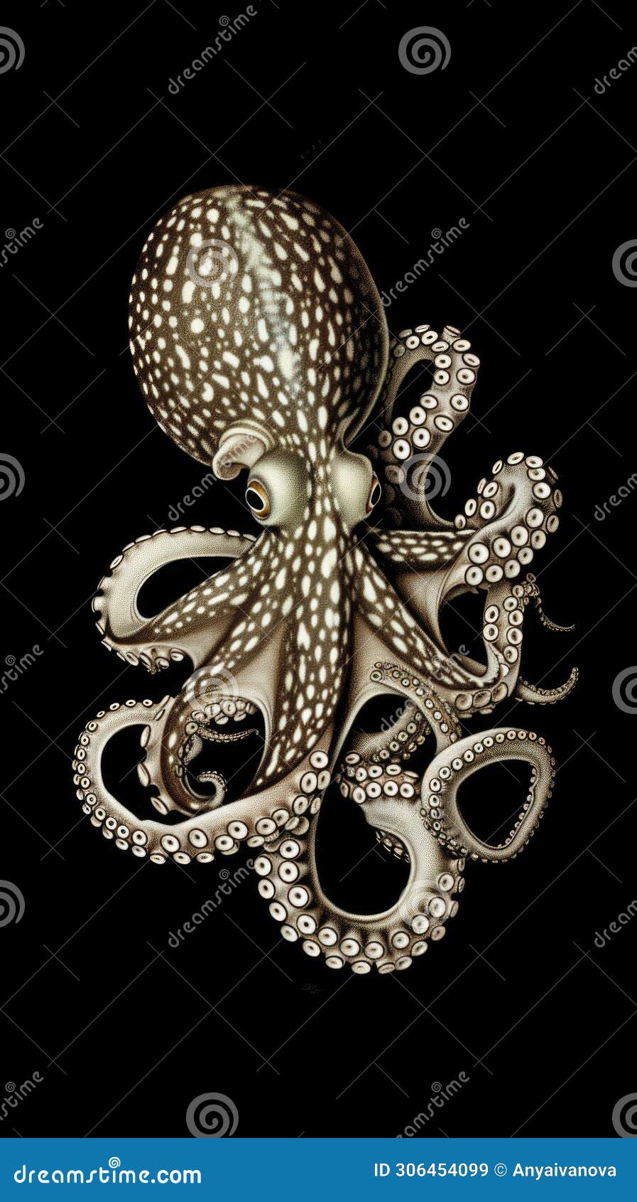 A Black and White Octopus on a Black Background Stock Illustration ...