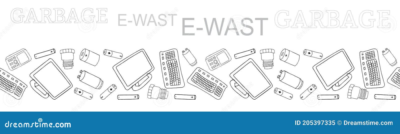 Black and White Outline Seamless Vector Border with Sorted E-waste ...
