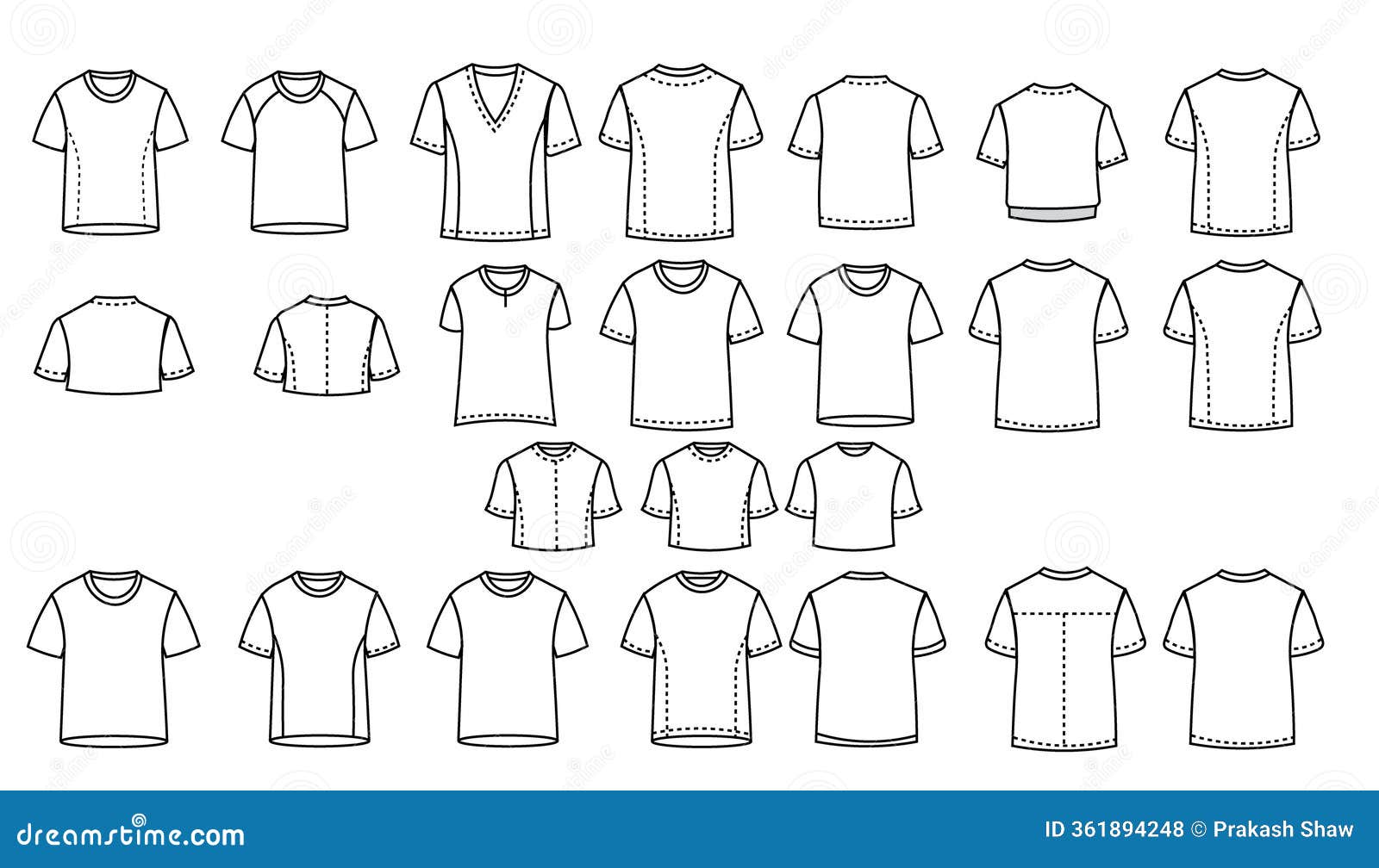 Various T-Shirt Styles Front and Back Outline Sketch Stock Vector ...