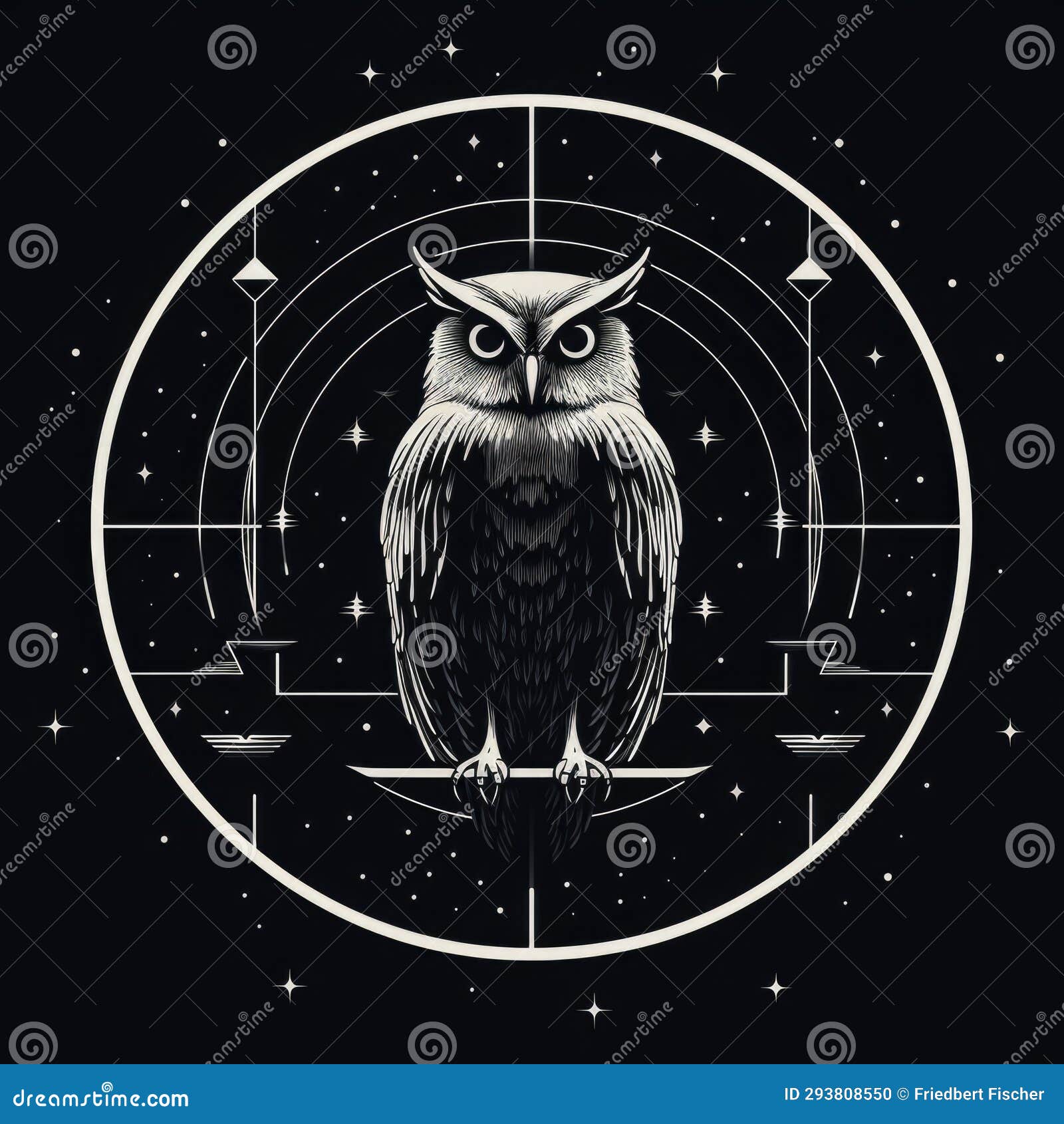 A Black and White Owl Sitting in a Circle Stock Illustration ...